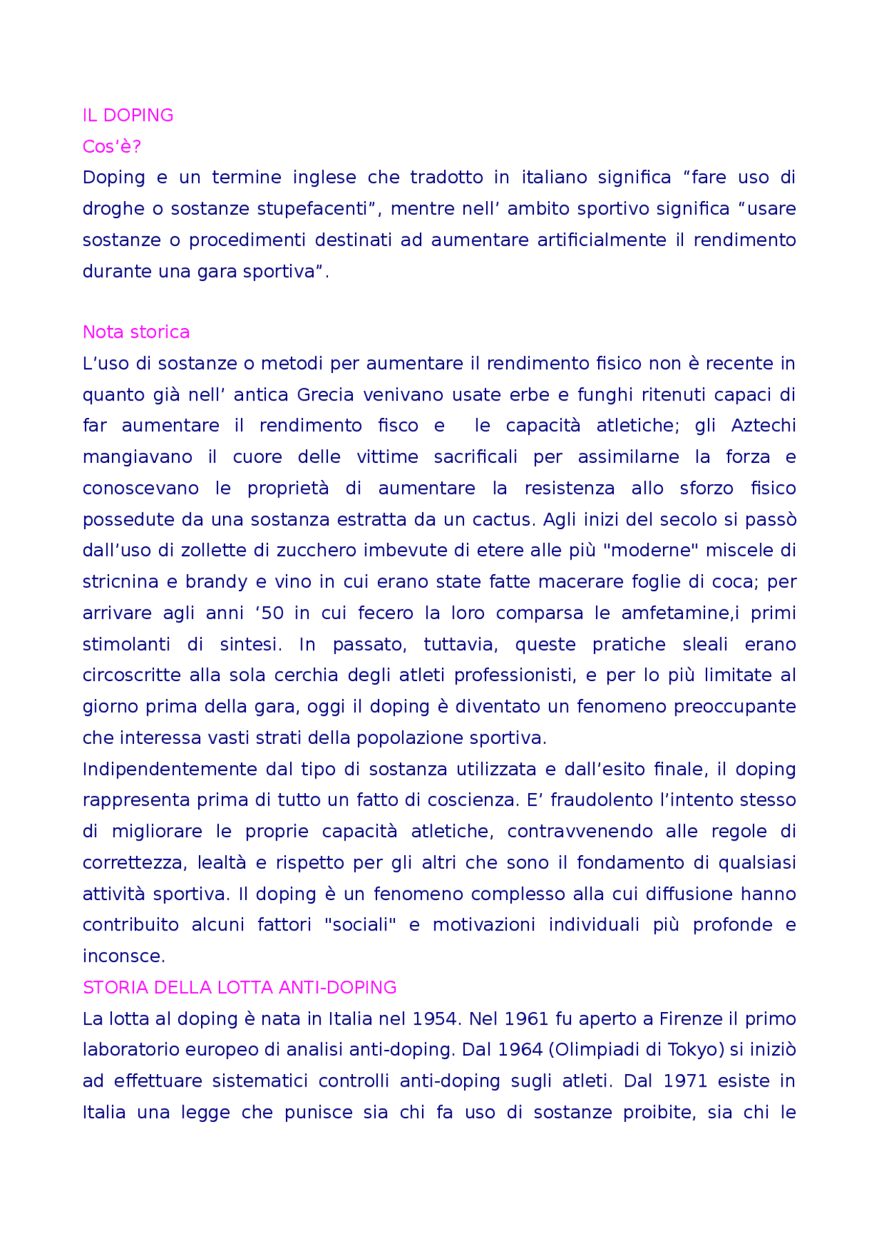 IL DOPING - Appunti di Tossicologia Forense - Docsity