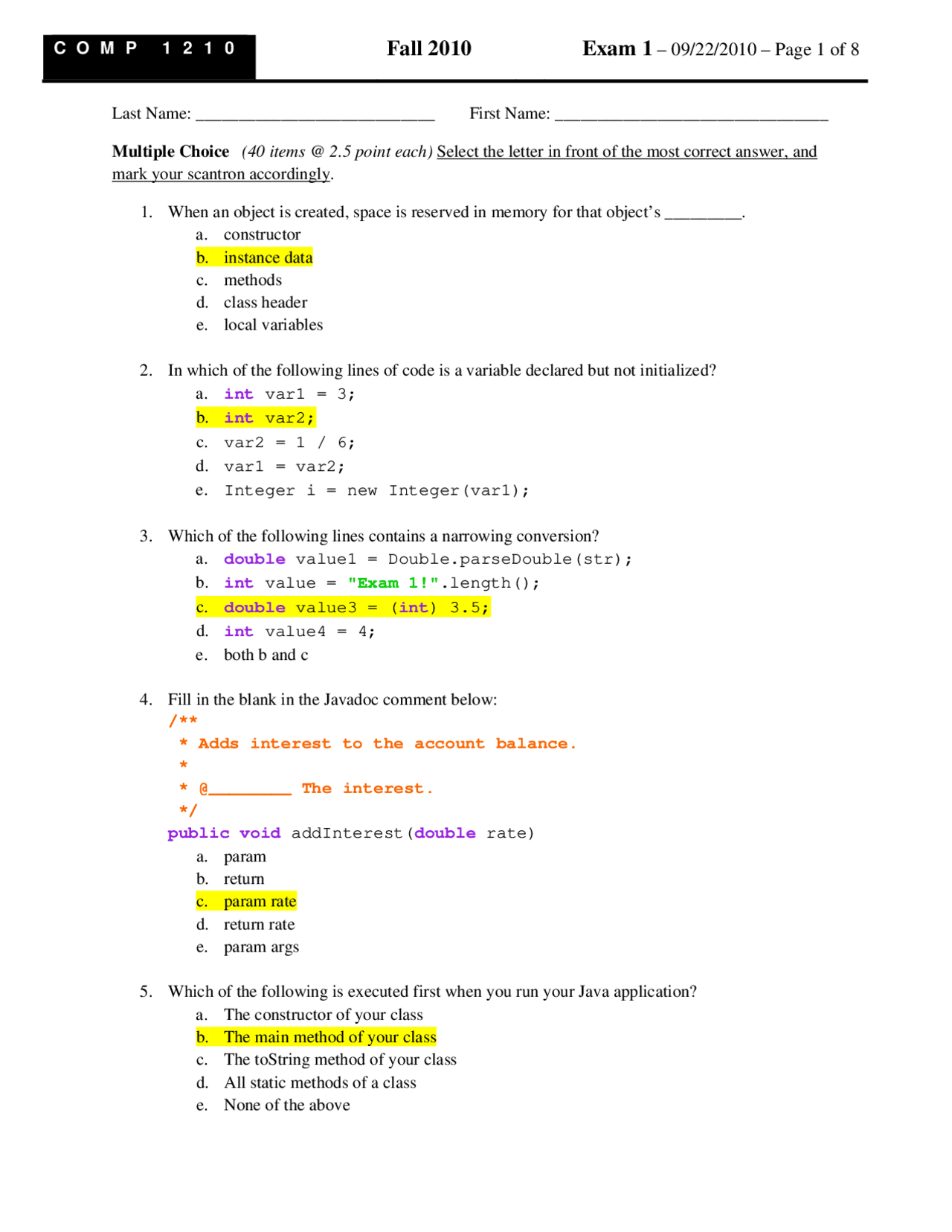 This Is Not The Final Its Exam 1 Fundamental Of Computing I Comp 1210 Exams Computer
