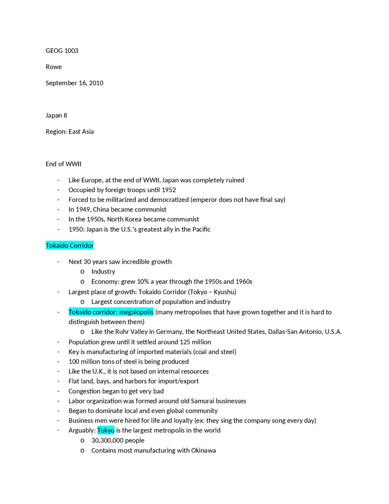 Tokaido Corridor: Megalopolis in Region of East Asia | GEOG 1003 - Docsity