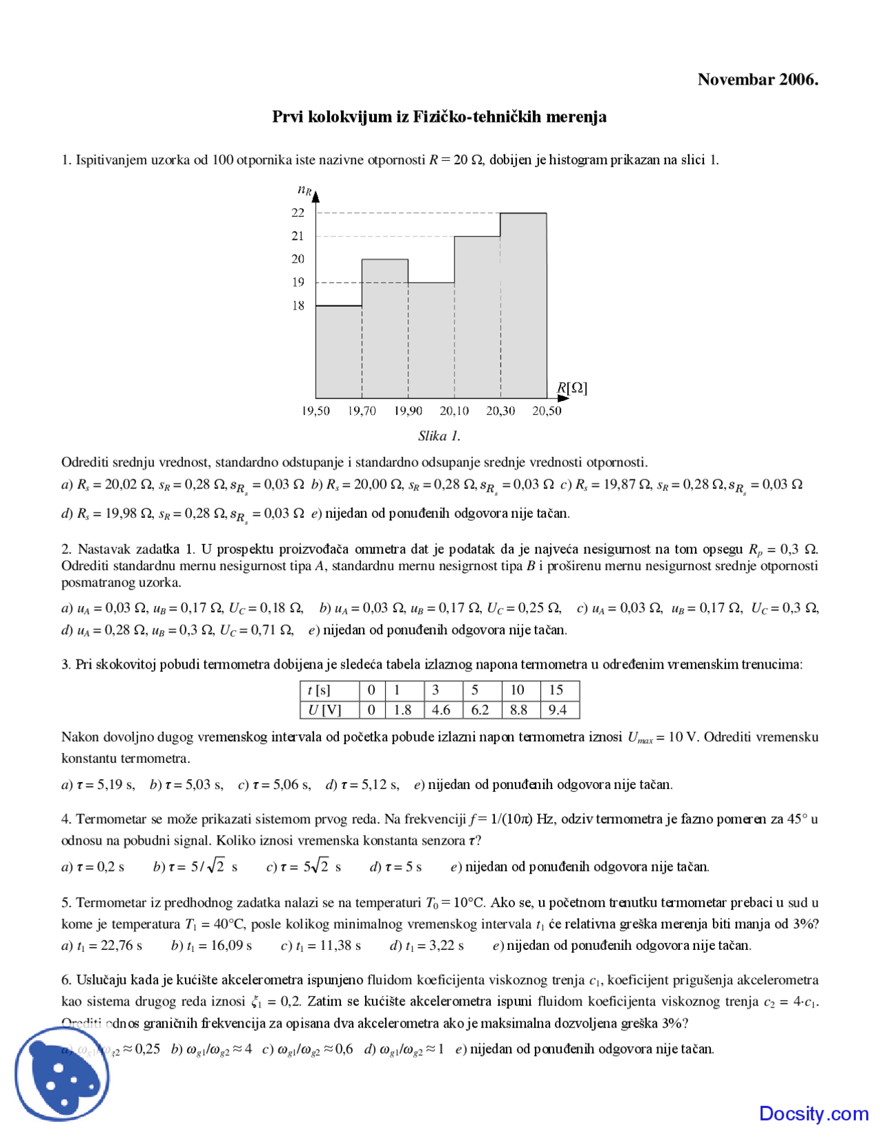 Fizicko-tehnicka merenja-Elektrotehnicki fakultet-Ispit KOL 1 FTM 07 | Ispiti' predlog Fizička i ...