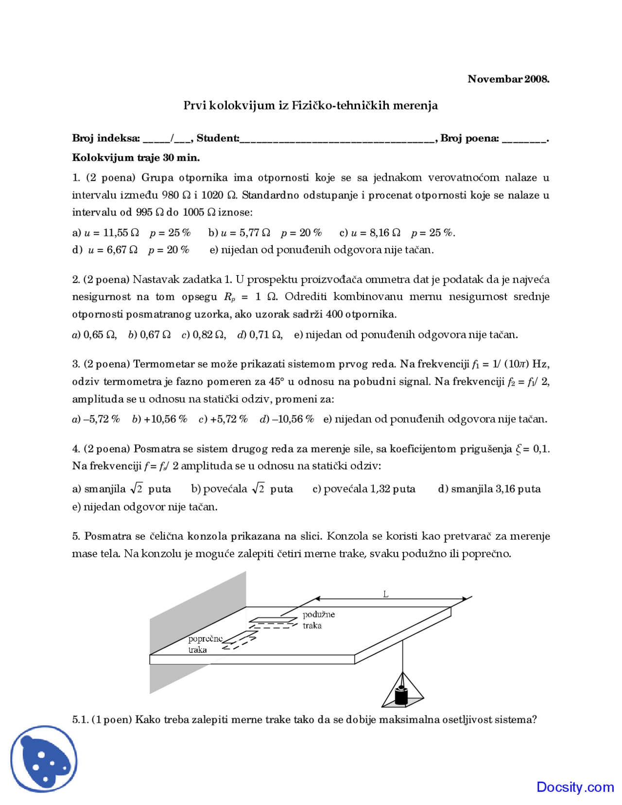 Fizicko-tehnicka merenja-Elektrotehnicki fakultet-Ispit KOL 1 FTM 09 | Ispiti' predlog Fizička i ...