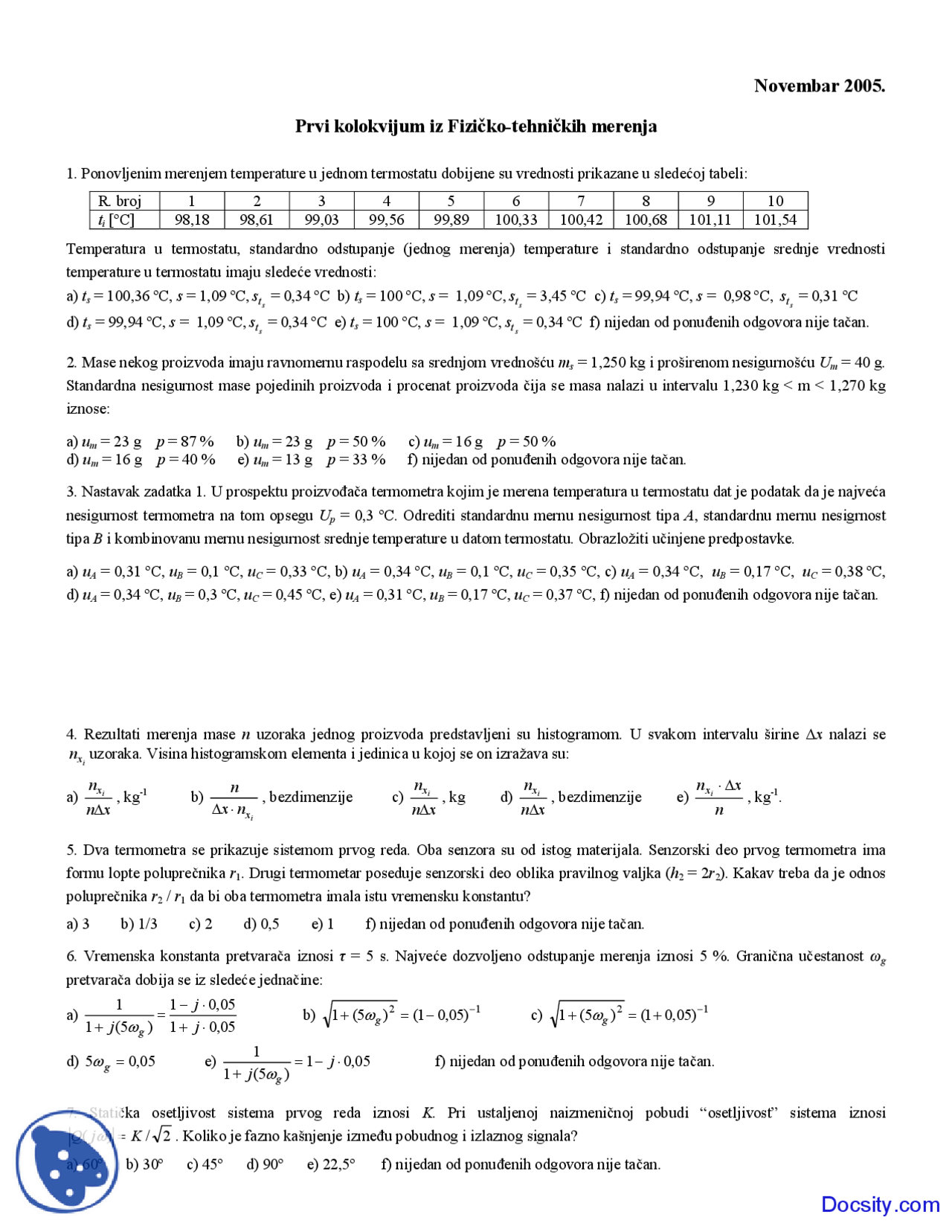 Fizicko-tehnicka merenja-Elektrotehnicki fakultet-Ispit KOL 1 FTM 06 | Ispiti' predlog Fizička i ...