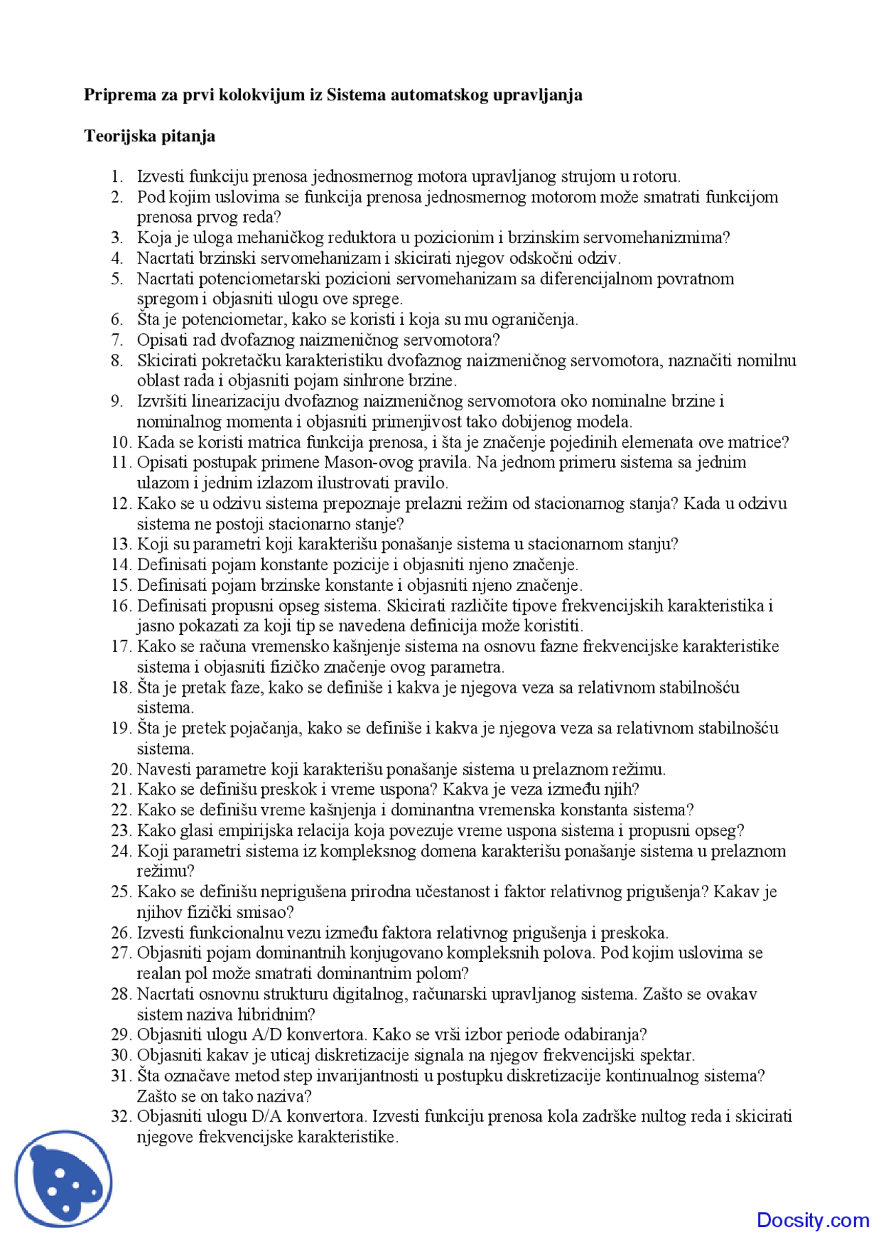 Priprema Kolokvijum 2 Sistemi Automatskog Upravljanja Vezbe Signali I