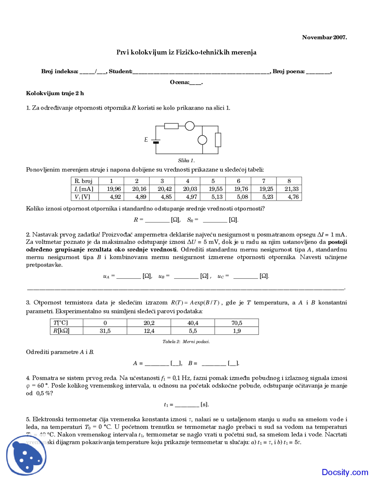 Fizicko-tehnicka merenja-Elektrotehnicki fakultet-Ispit KOL 1 FTM 08 | Ispiti' predlog Fizička i ...