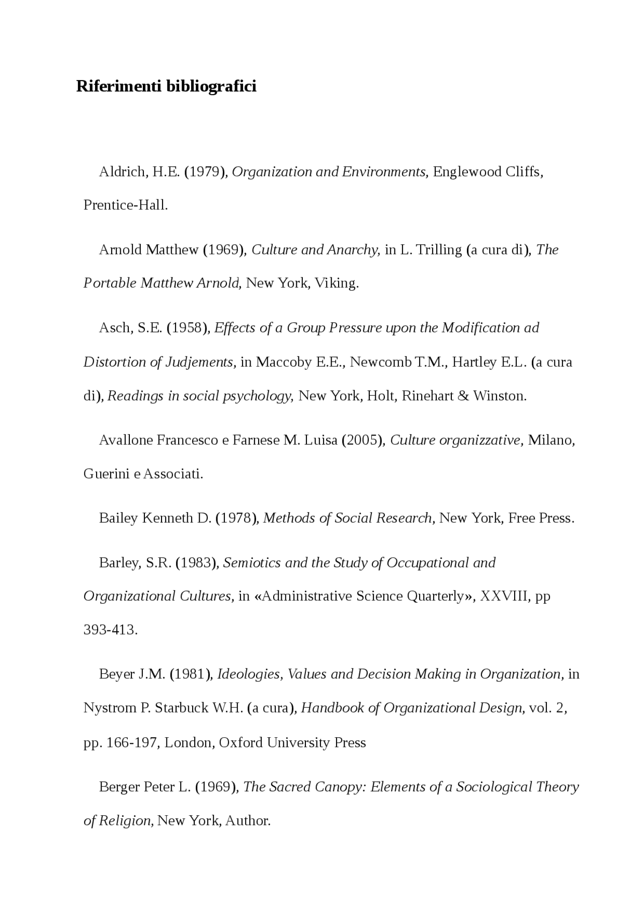 Riferimenti bibliografici per tesi in Cultura aziendale - Docsity