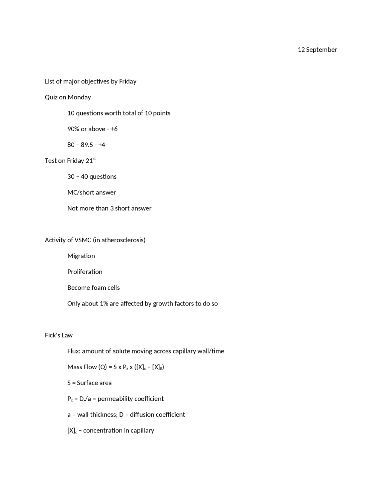 Fick's Law, Fluid Movement, Starling Equation - Notes | BMS 420 - Docsity