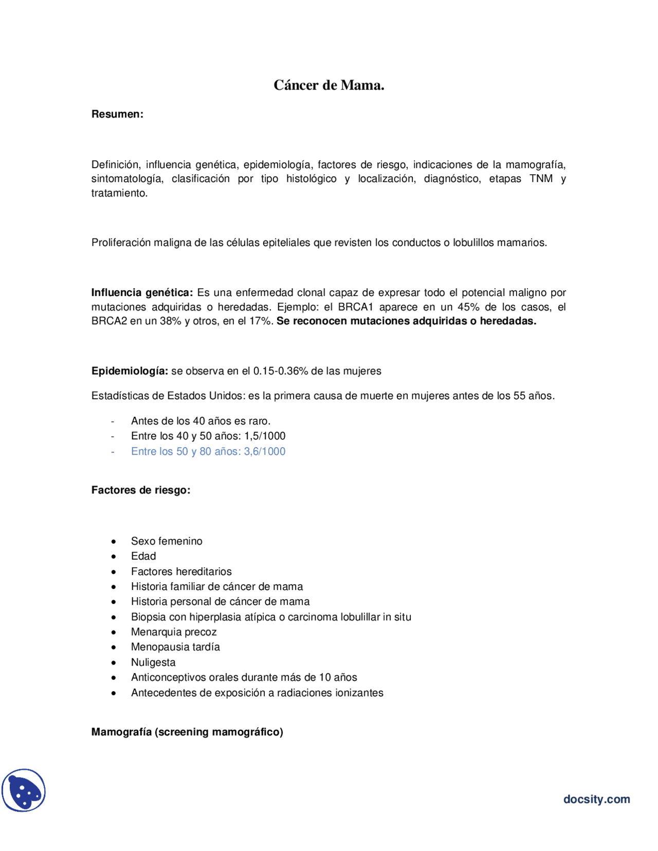 Cáncer De Mama Apuntes Oncología Docsity