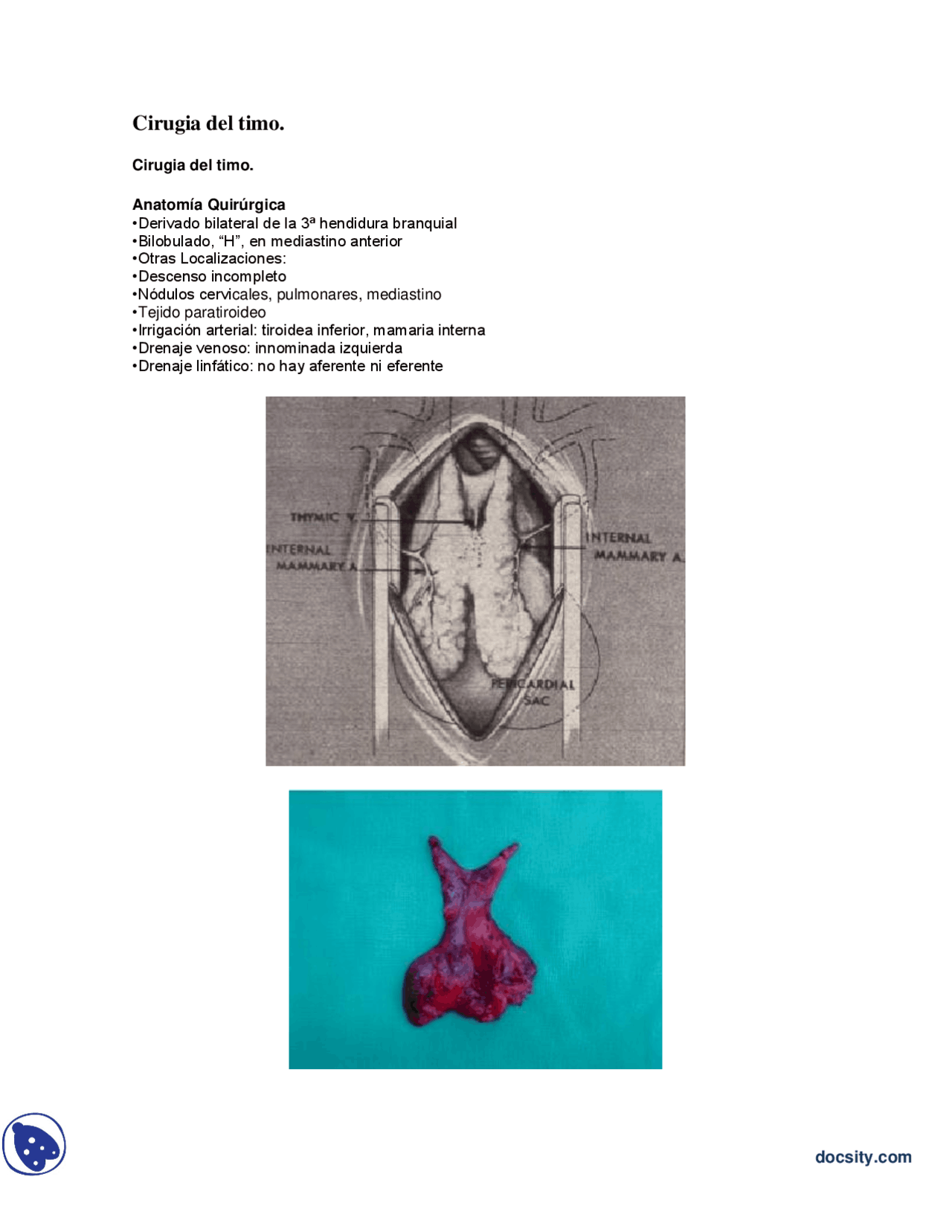 Cirugia del timo - Apuntes - Patologia Quirurgica - Docsity