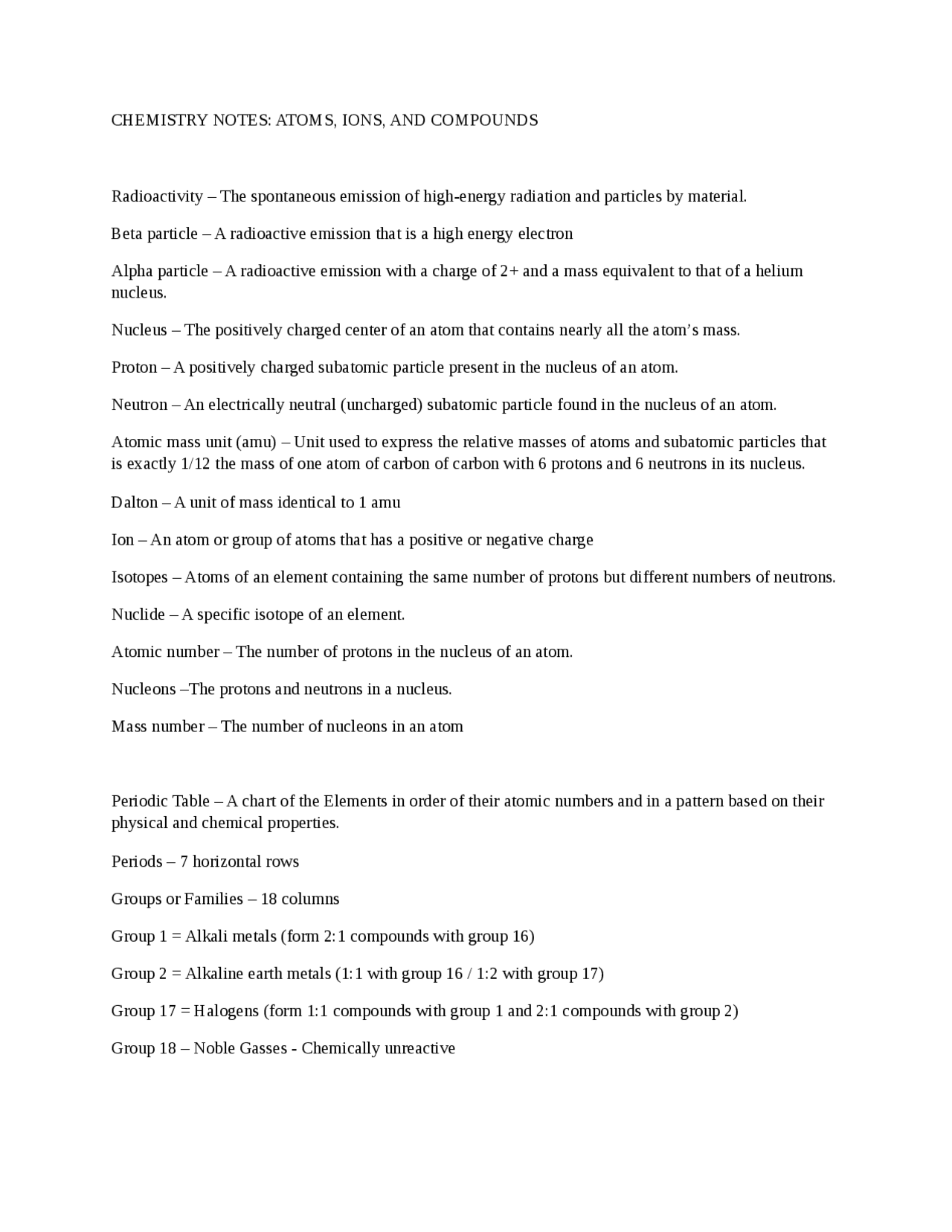Chemistry Notes Atoms Ions Compounds Docsity
