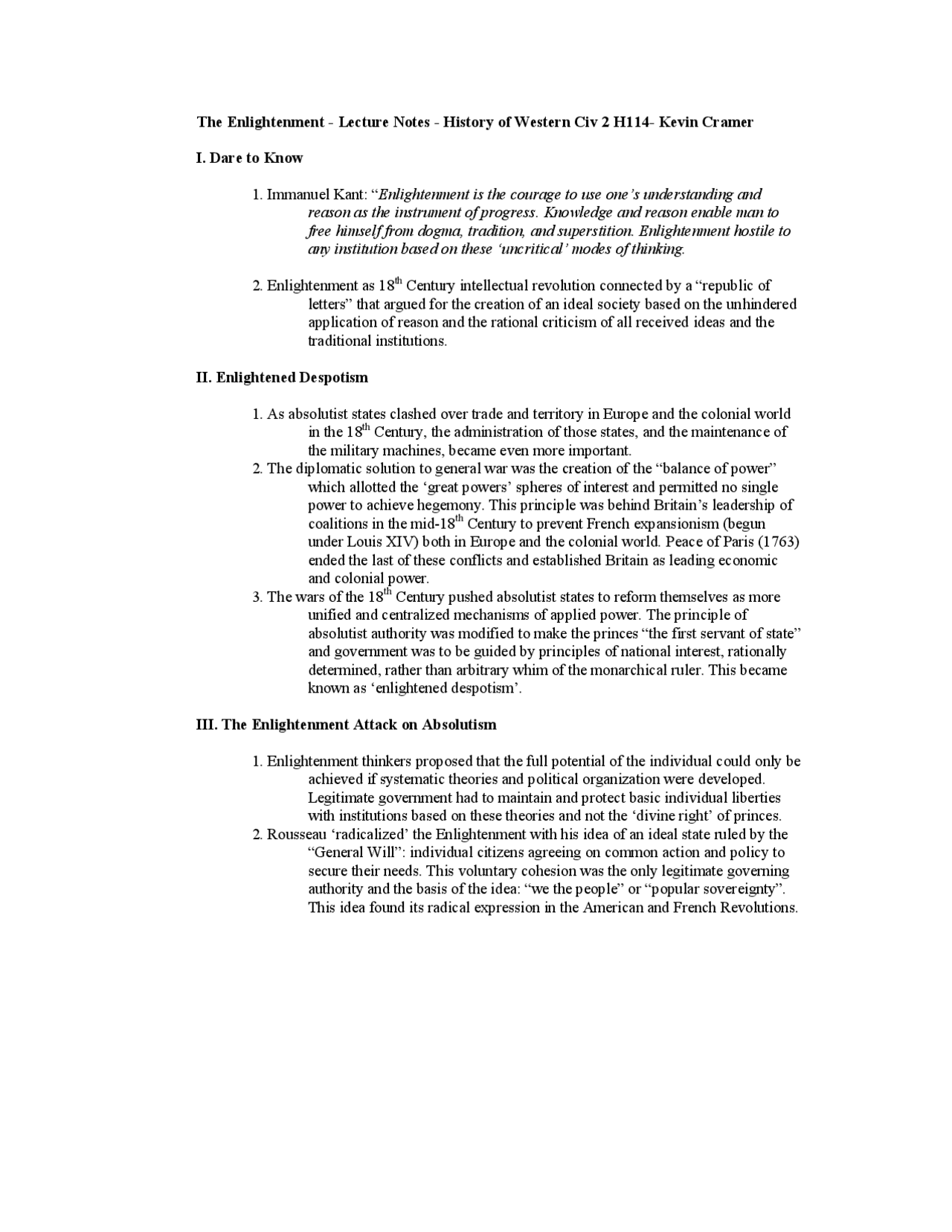 The Enlightenment Lecture Notes History Of Western Civ 2 H114