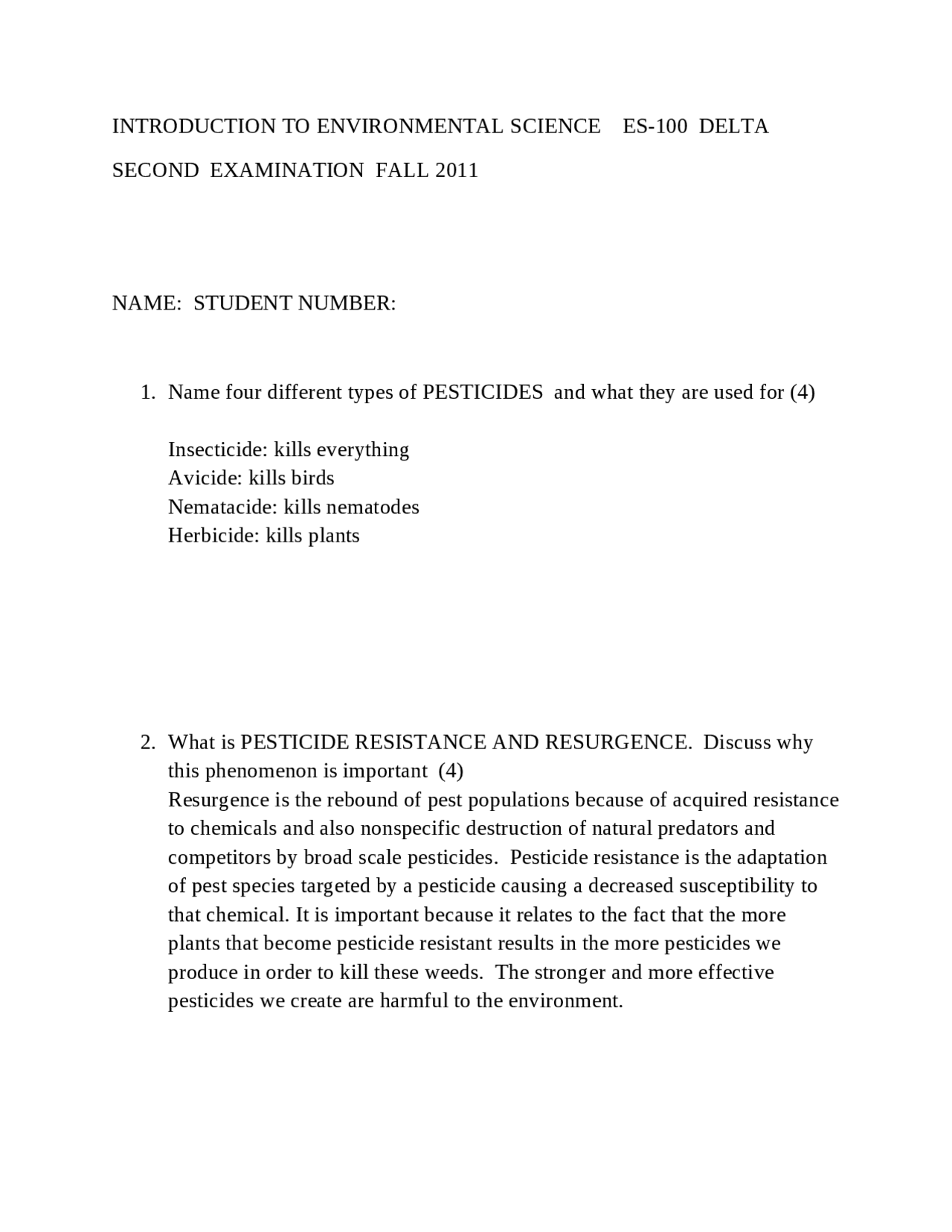 Past Paper with Solutions | Introduction to Environmental Sciences | ES ...