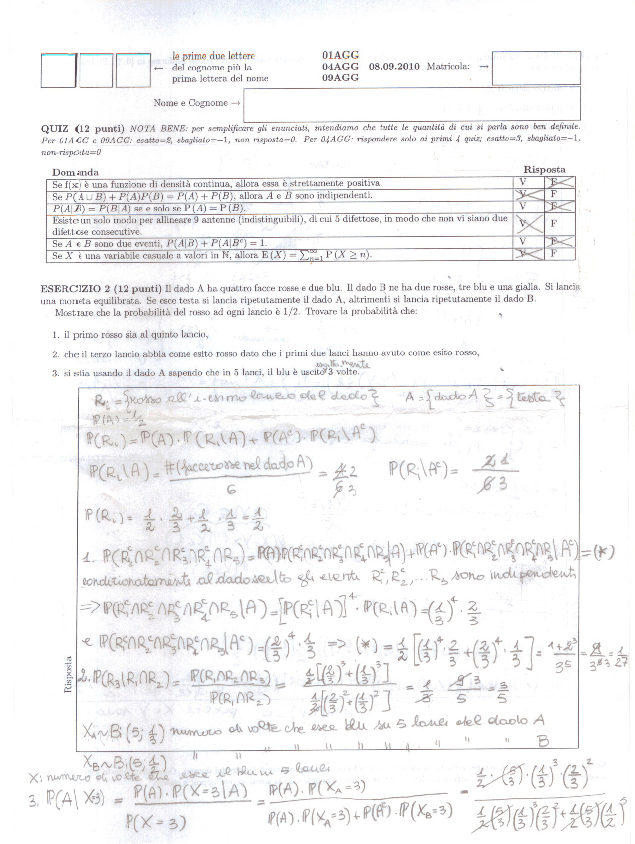 Temi d'esame calcolo delle probabilità - esercizi di Statistica - Docsity