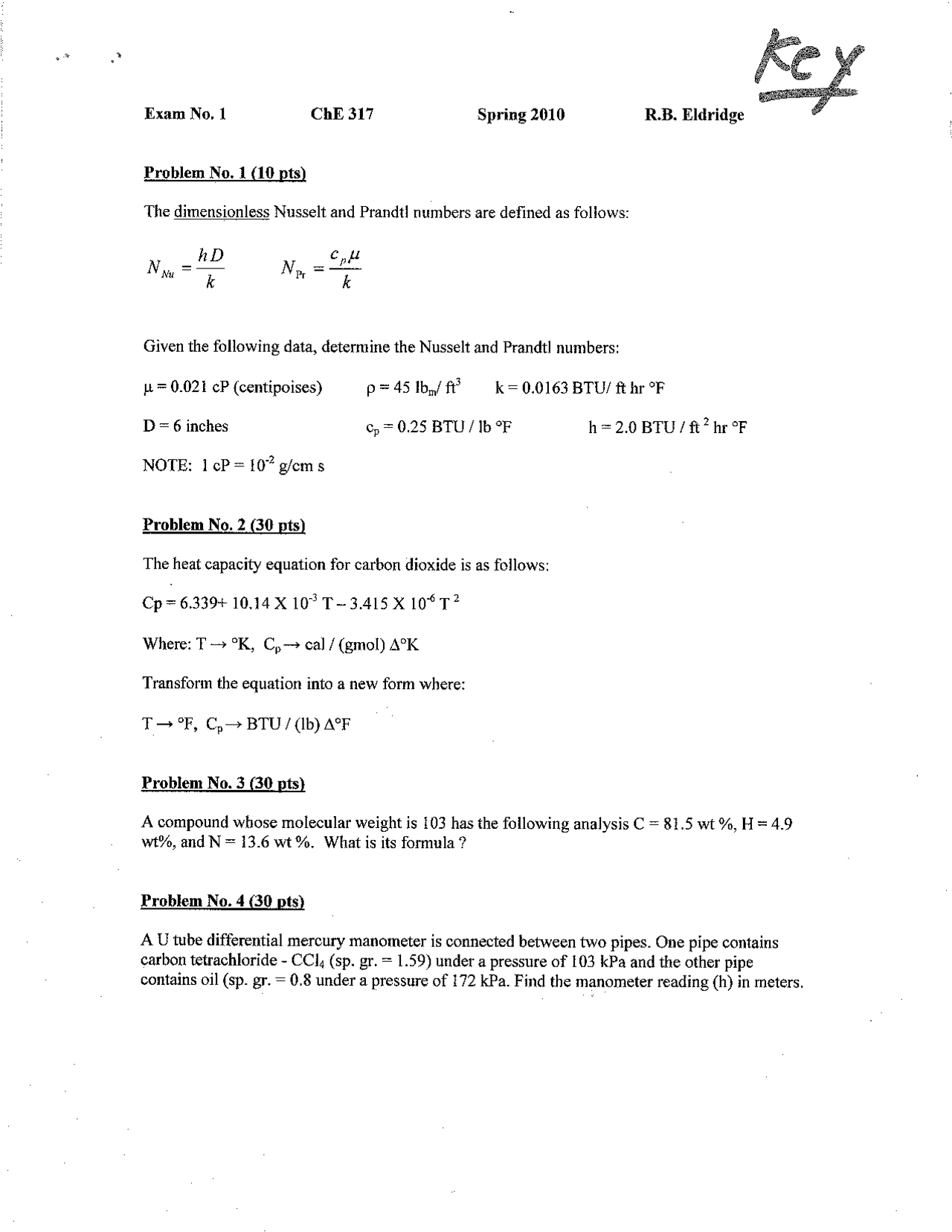 Exam 1 Spring 2010 Introduction To Chemical Engineering Analysis