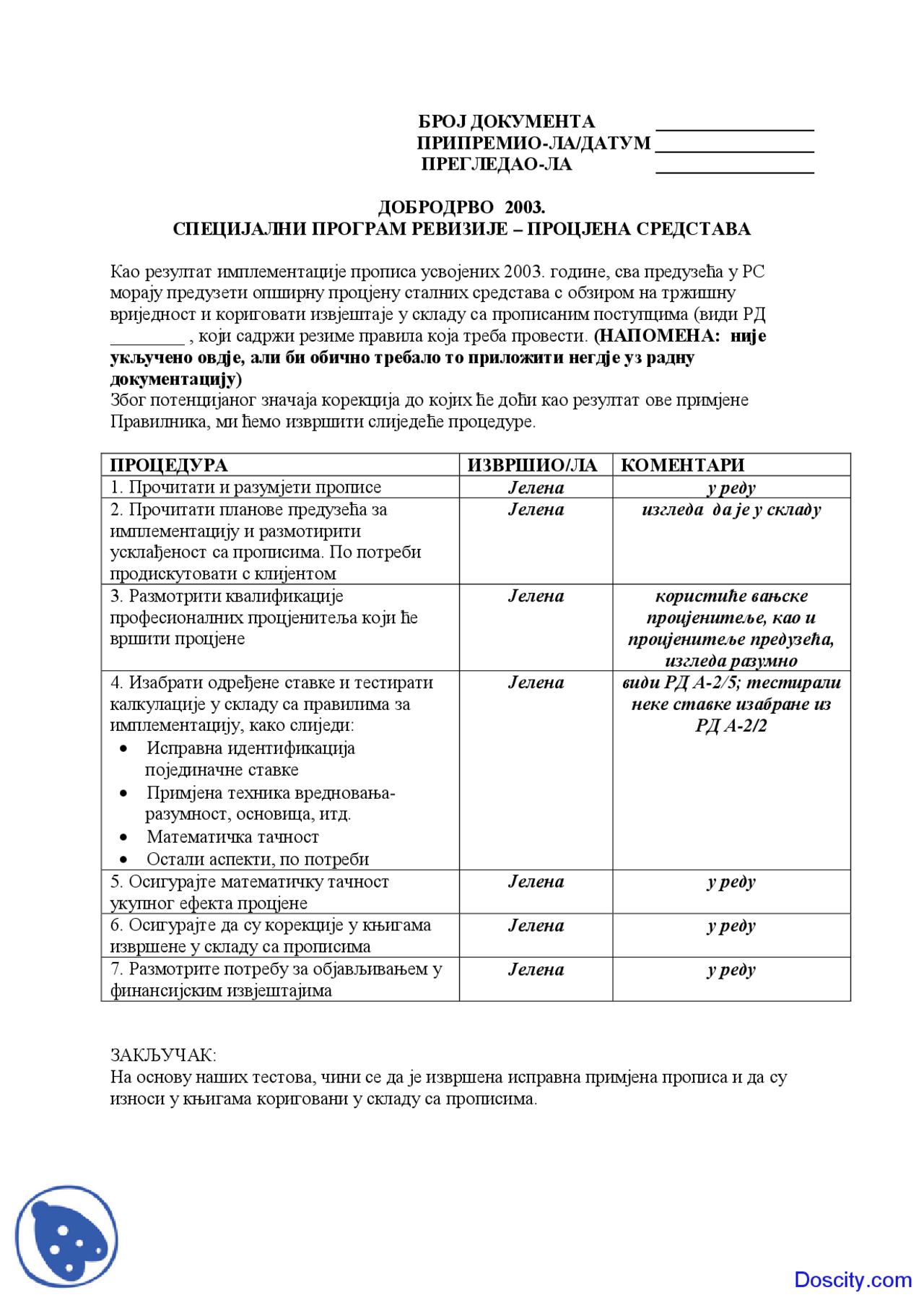 Special Audit Program Vežbe Predlog Revizija Docsity
