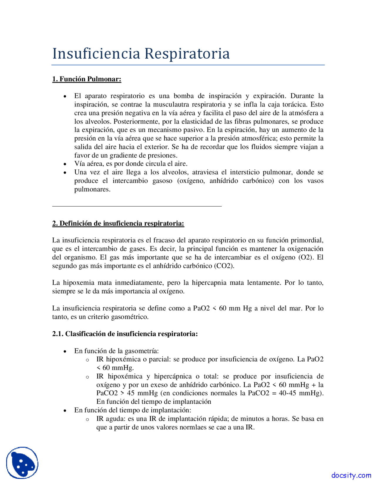 Insuficiencia Respiratoria Apuntes Clínica Médica Docsity