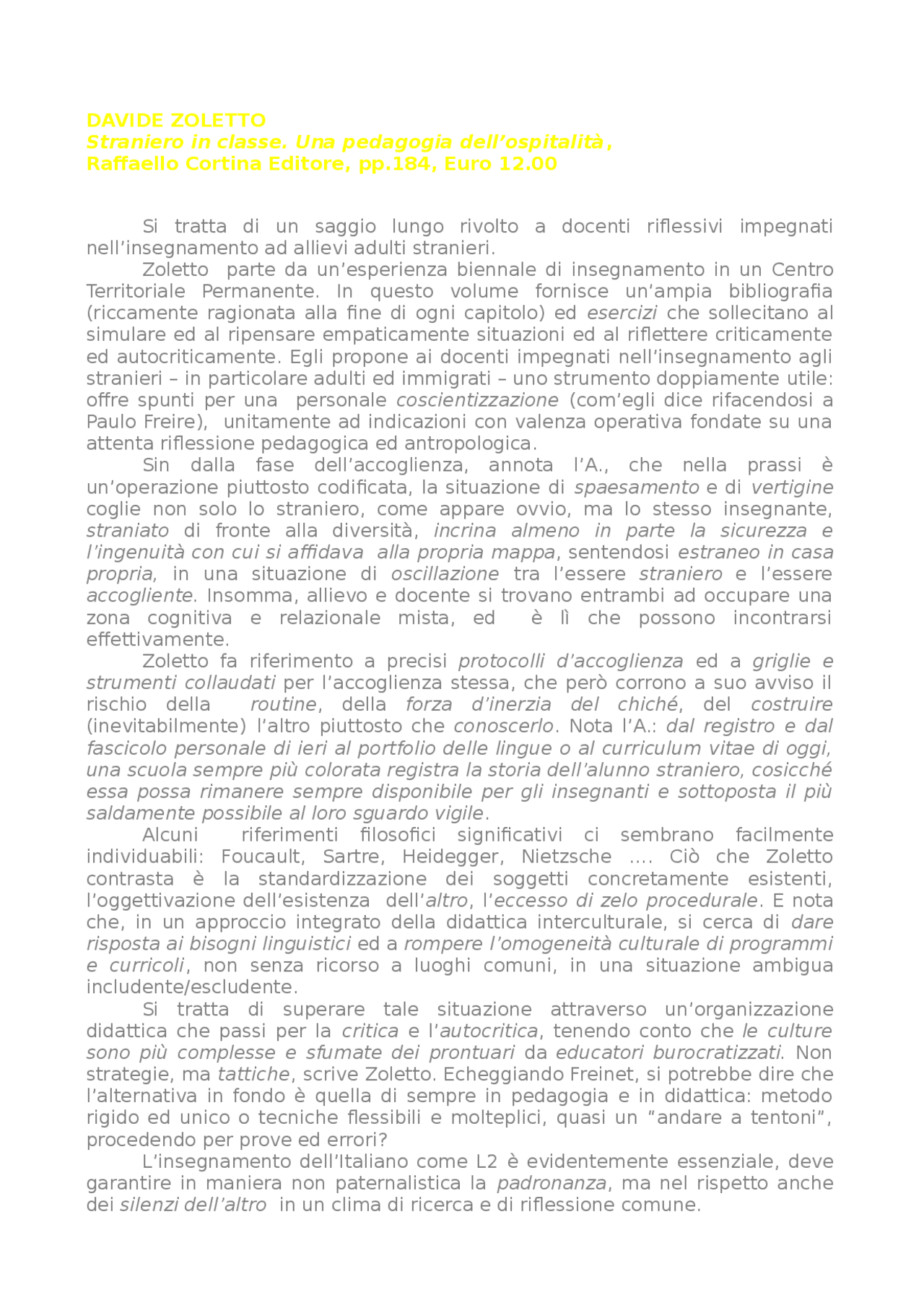 Lo Straniero In Classe Pedagogia Dellospitalità Zoletto Docsity