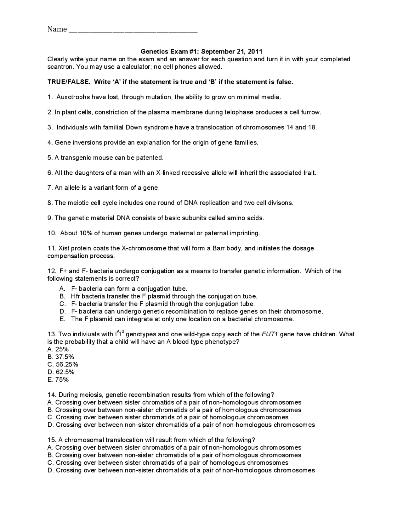 50 Multiple Choice Questions Genetics Bisc 336 Docsity