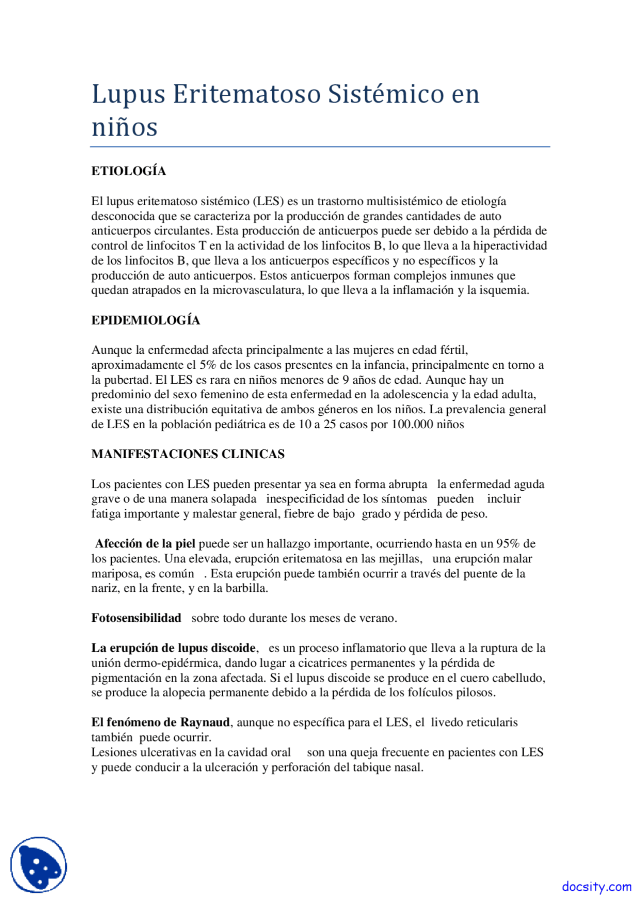 Lupus Eritematoso Sistémico En Niños Apuntes Clínica Médica Docsity