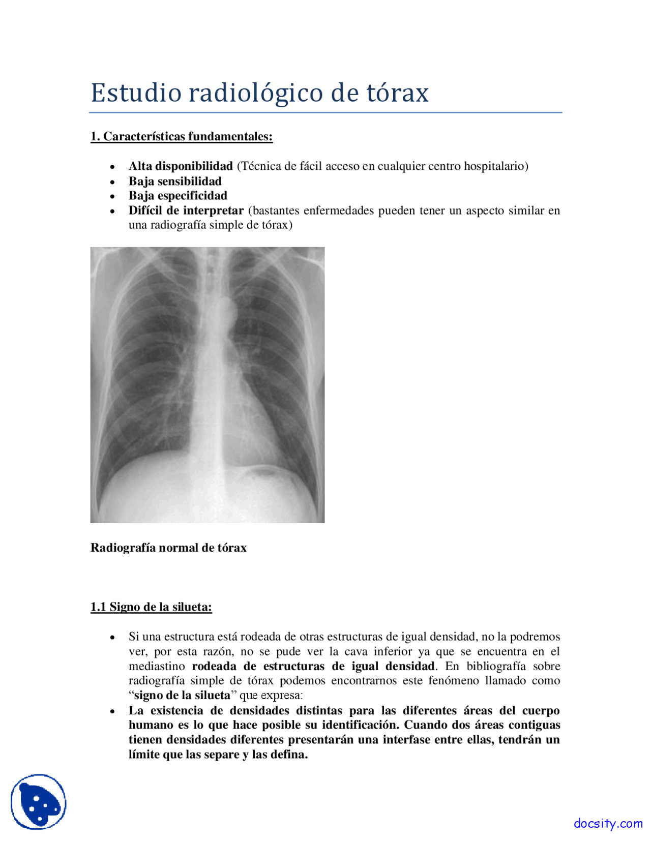 Estudio radiológico de tórax - Apuntes - Diagnóstico por Imagenes - Docsity