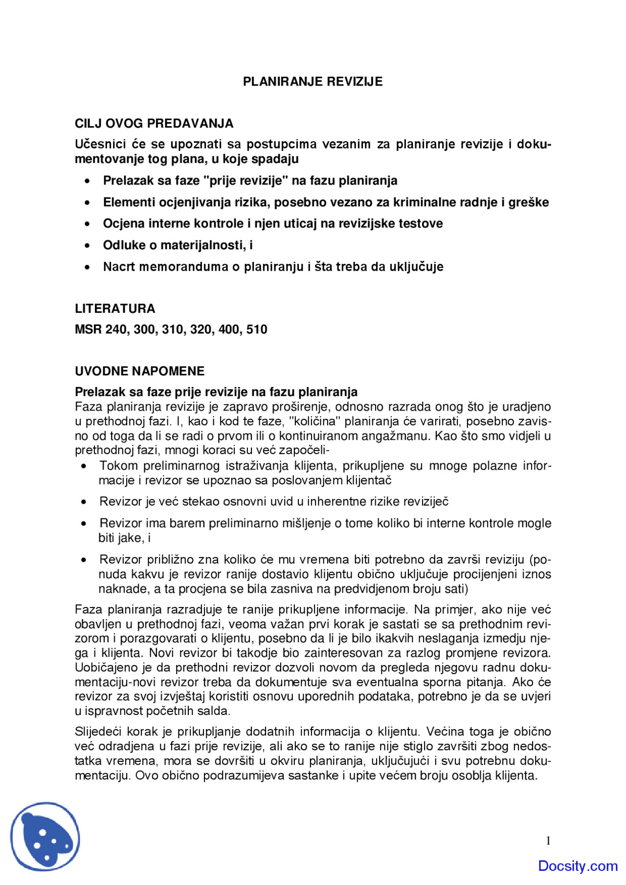 Planiranje revizije-Revizija-Skripta-Ekonomija | Rezime' predlog Revizija - Docsity