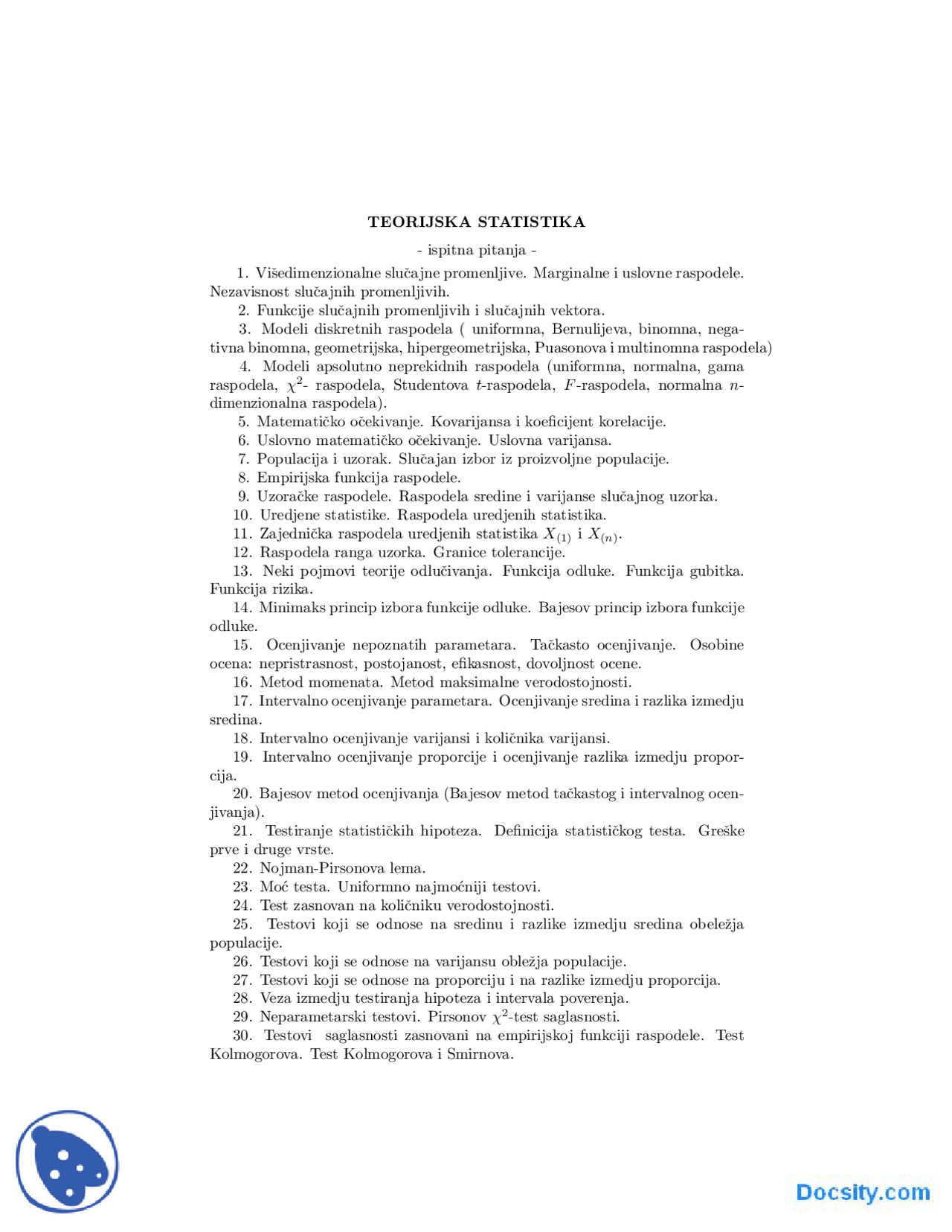 Ispit Teorijska Statistika Ekonomski Fakultet Ispiti Predlog Osnovi