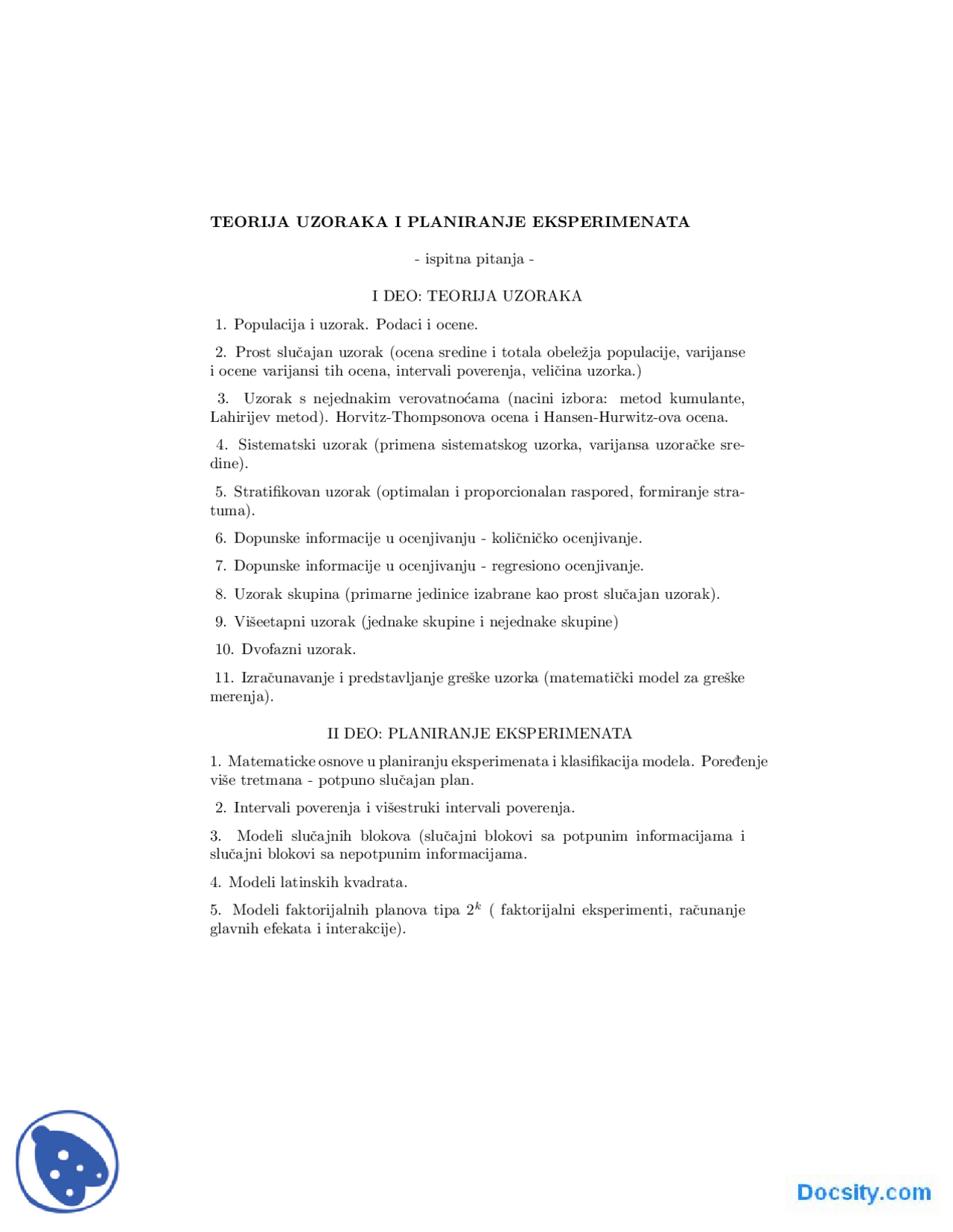 Ispit-Teorija uzoraka i planiranje eksperimenata-Ekonomski fakultet | Ispiti' predlog Ekonomija ...