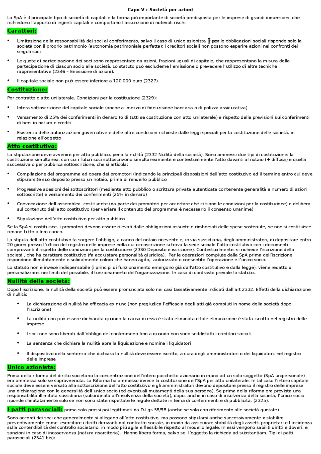 Spa Riassunto Di Diritto Commerciale Docsity