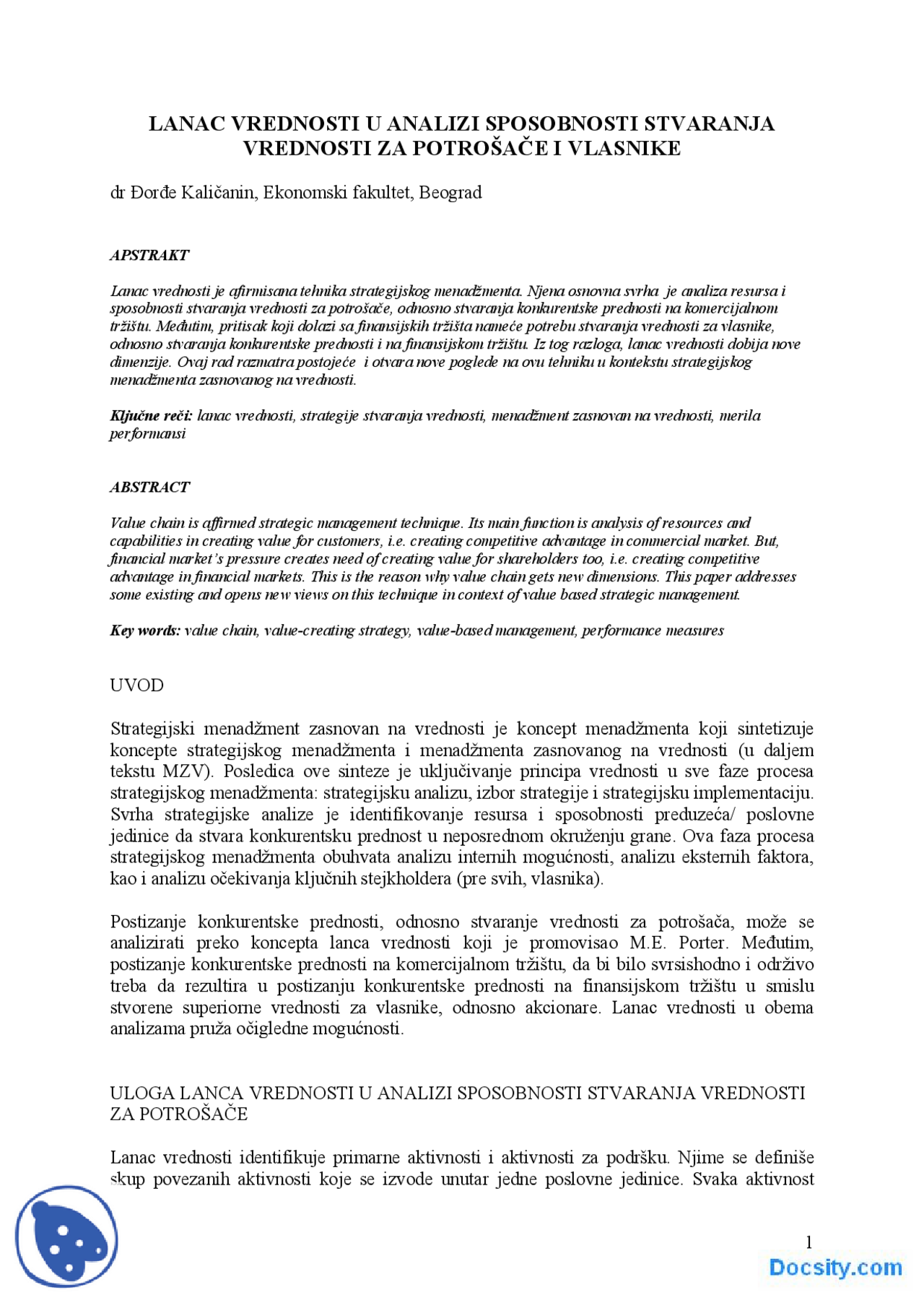 Kalicanin Lanac vrednosti-Skripta-Strategijski menadzment | Rezime' predlog Strateški menadžment ...