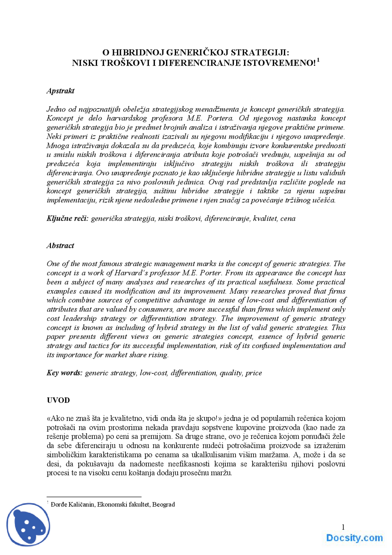 Kalicanin o hibridnoj generickoj strategiji-Skripta-Strategijski menadzment | Rezime' predlog ...