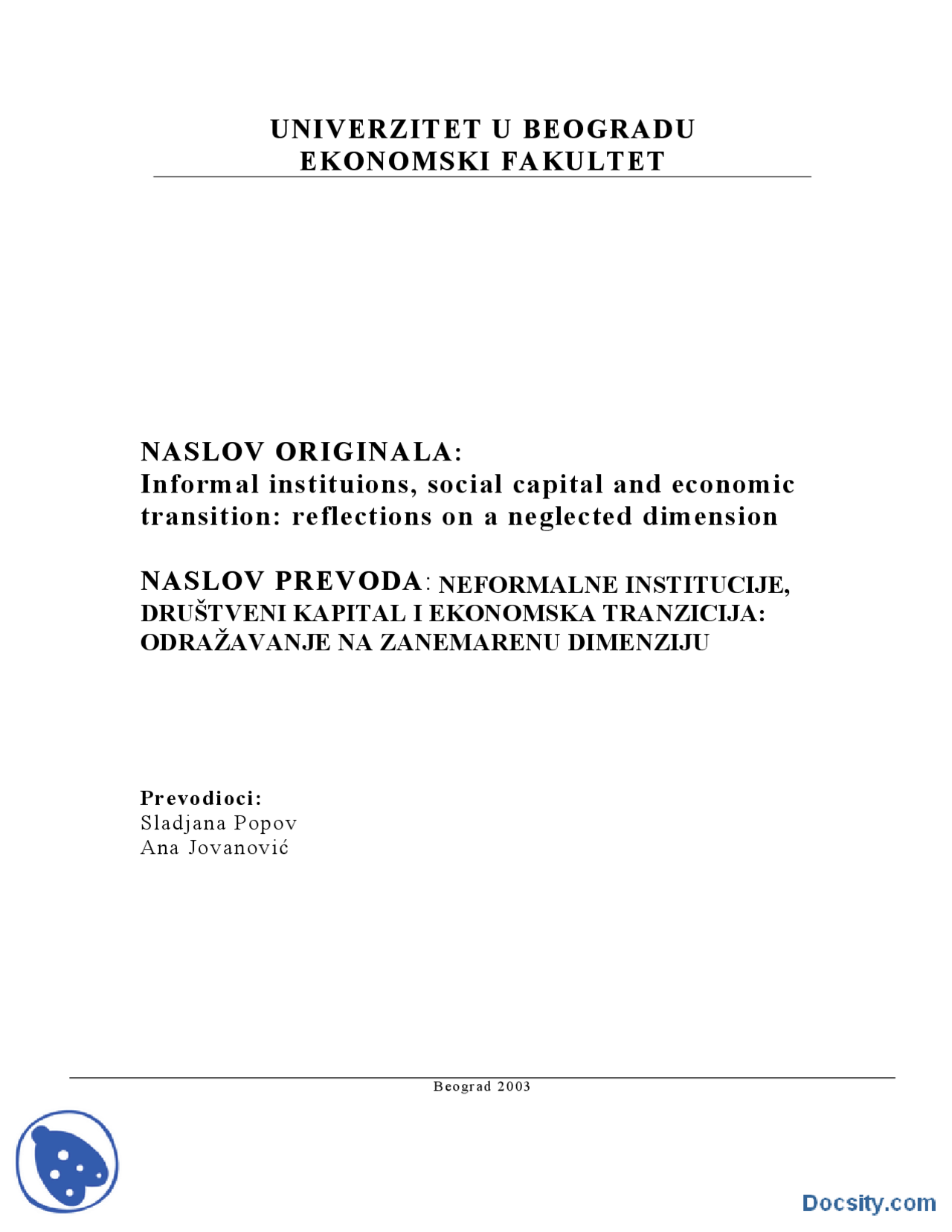 Neformalne institucije-Skripta-Trziste i trzisne institucije-Ekonomski fakultet | Rezime ...