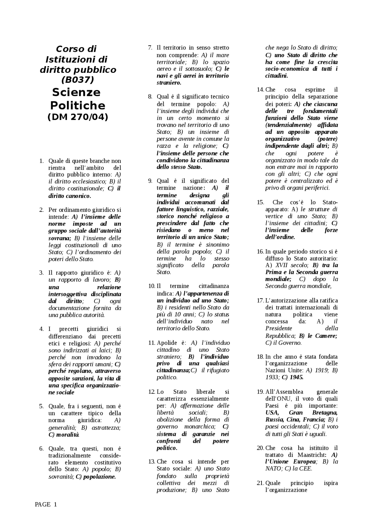 Domanda A Crocette Di Diritto Pubblico Col Professor Traina Con