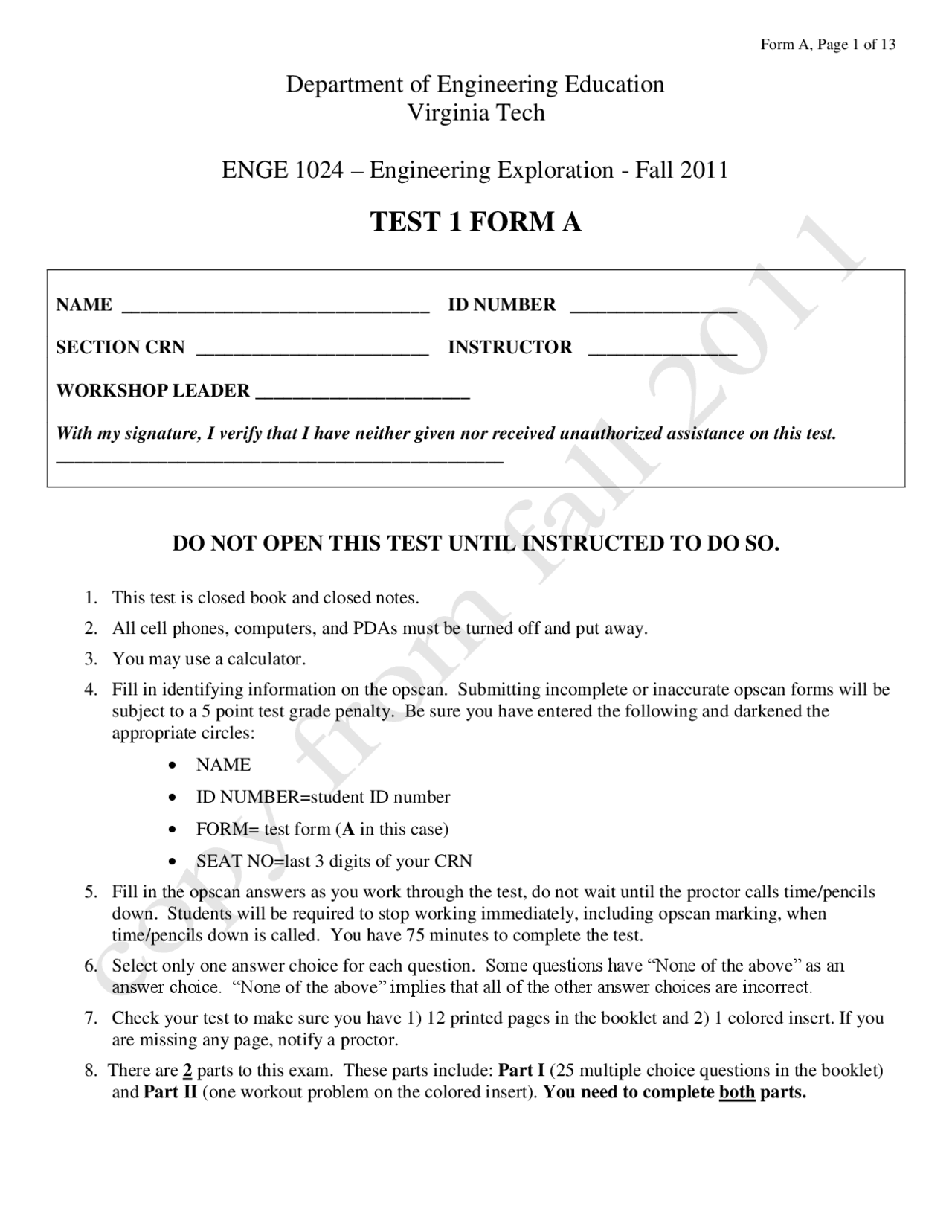 Test I Questions Engineering Exploration Enge 1024 Docsity