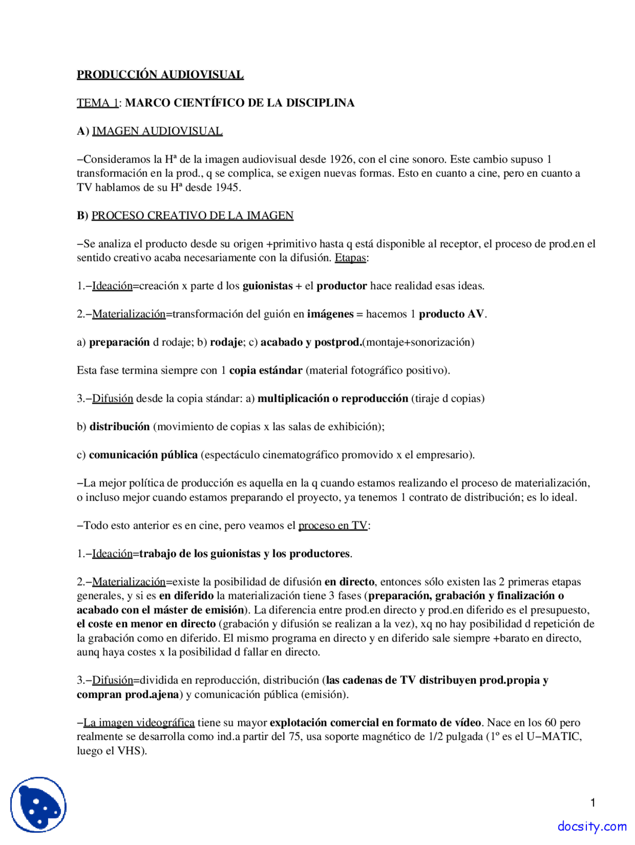 Producción Audiovisual Apuntes Comunicación Audiovisual Docsity