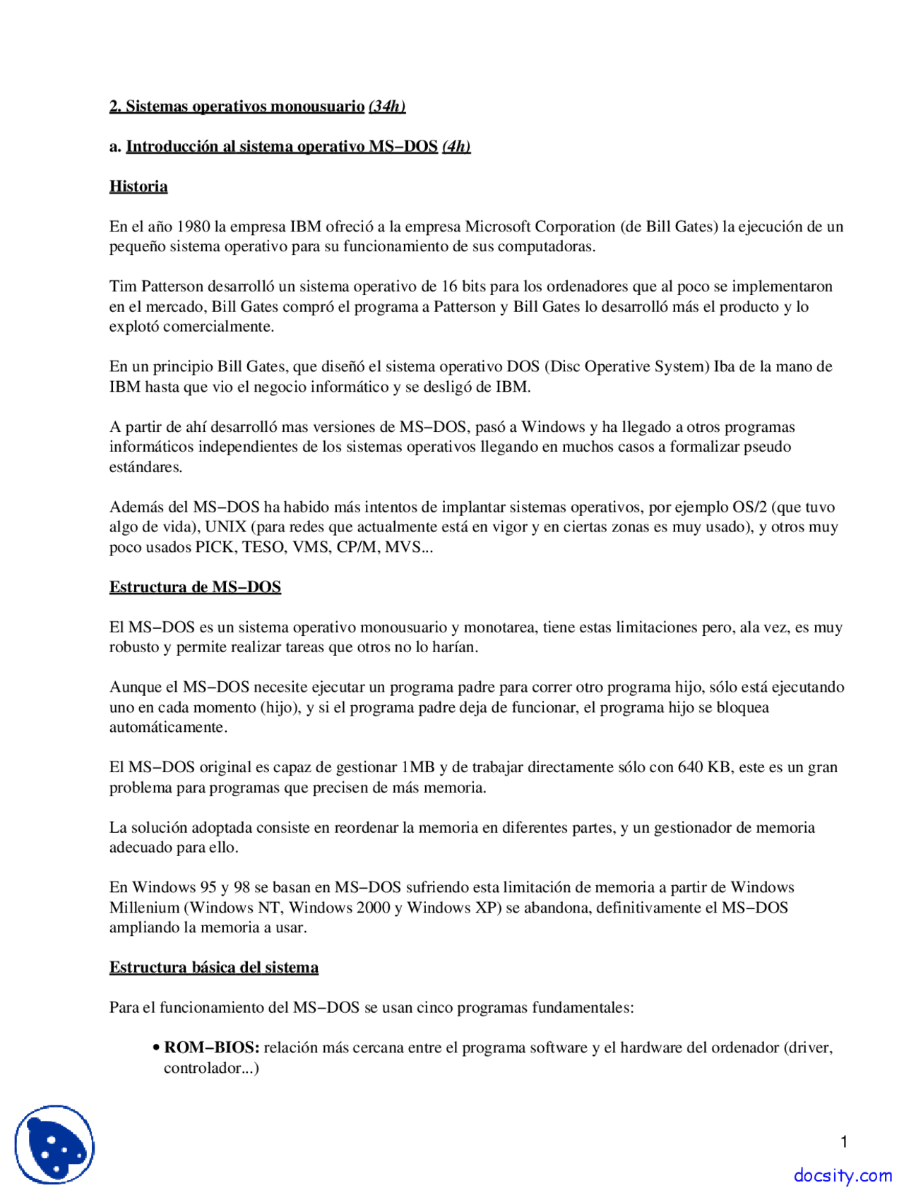Sistema Operativo Ms Dos Apuntes Sistemas Informáticos Monousuario