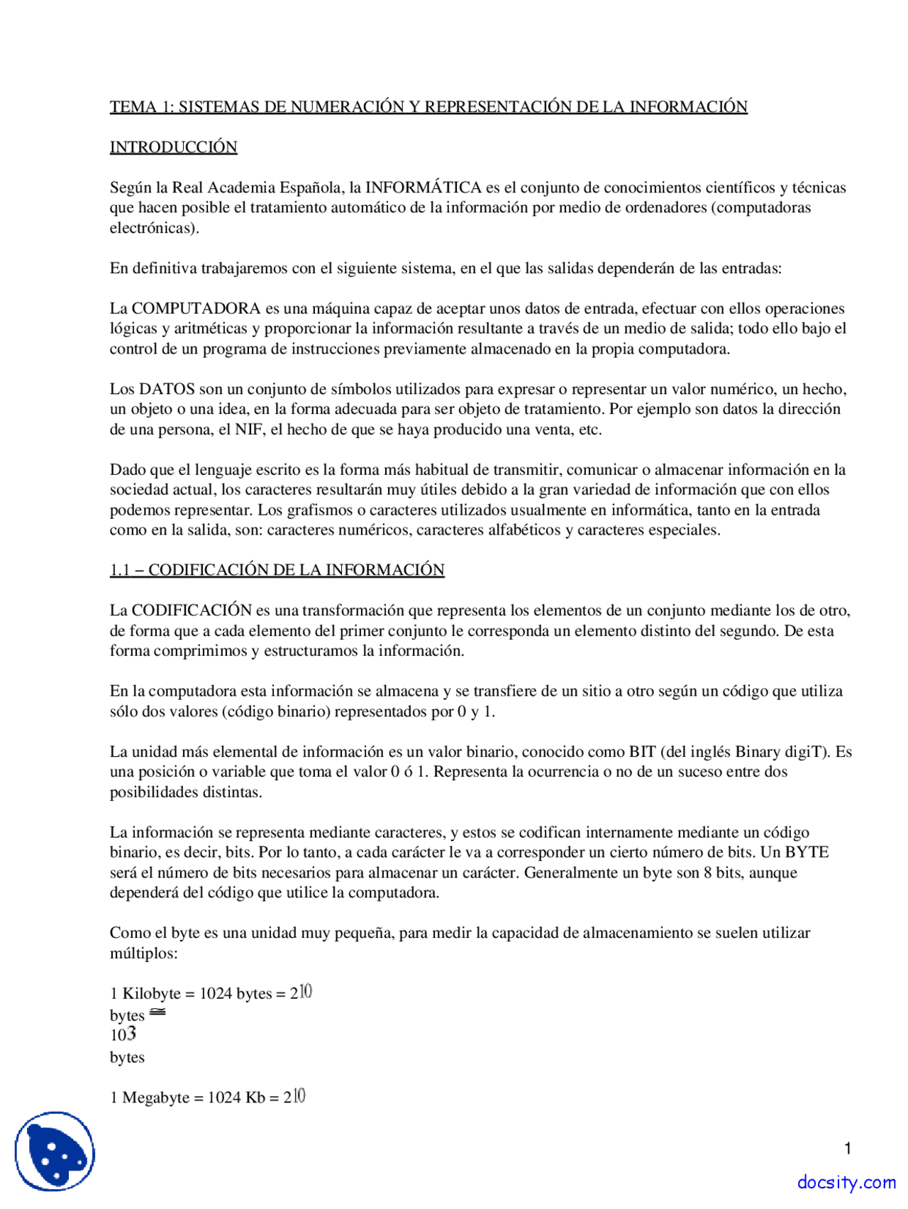 Sistemas De Numeración Y Representación De La Información Apuntes