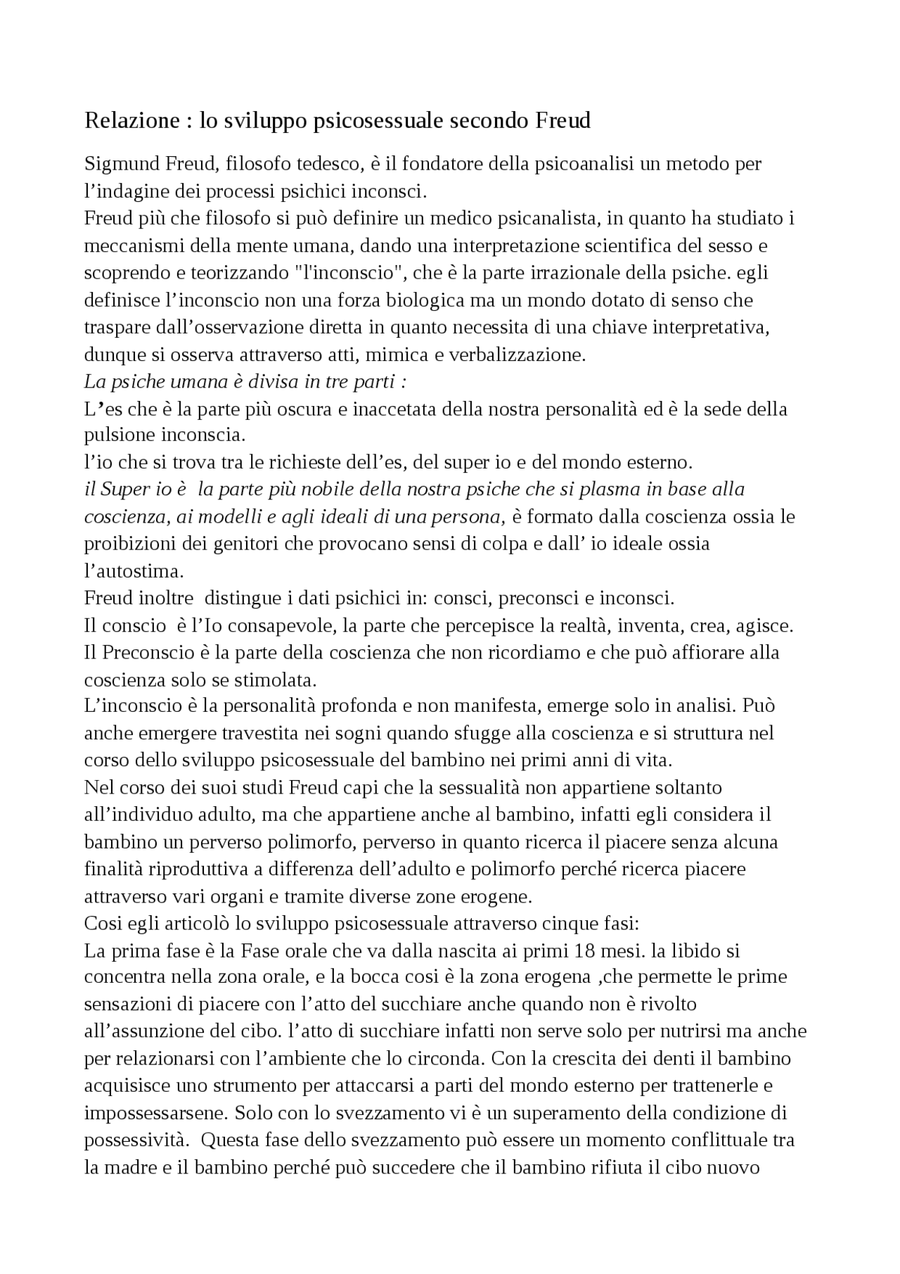 Lo Sviluppo Psicosessuale Secondo Freud Relazione Di Psicologia Docsity