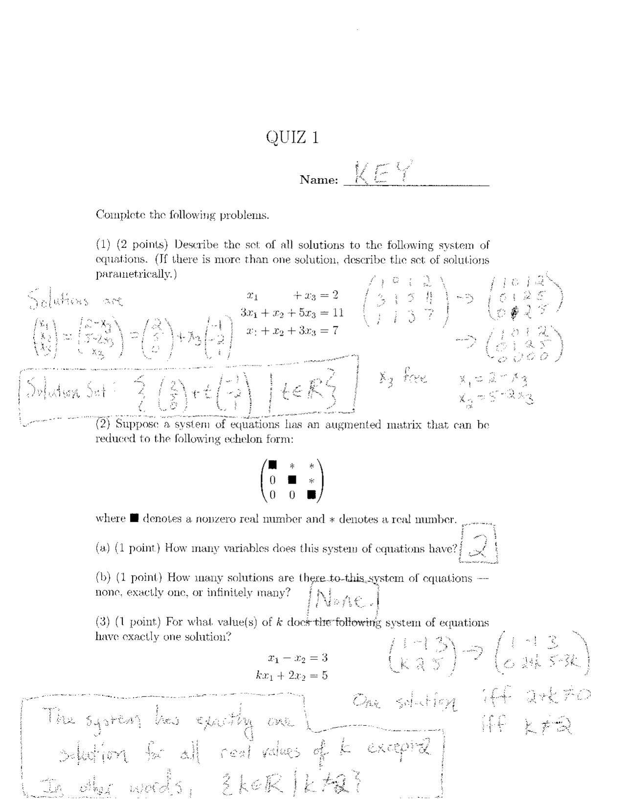 Quiz 1 with Key - Linear Algebra | MATH 2331 - Docsity