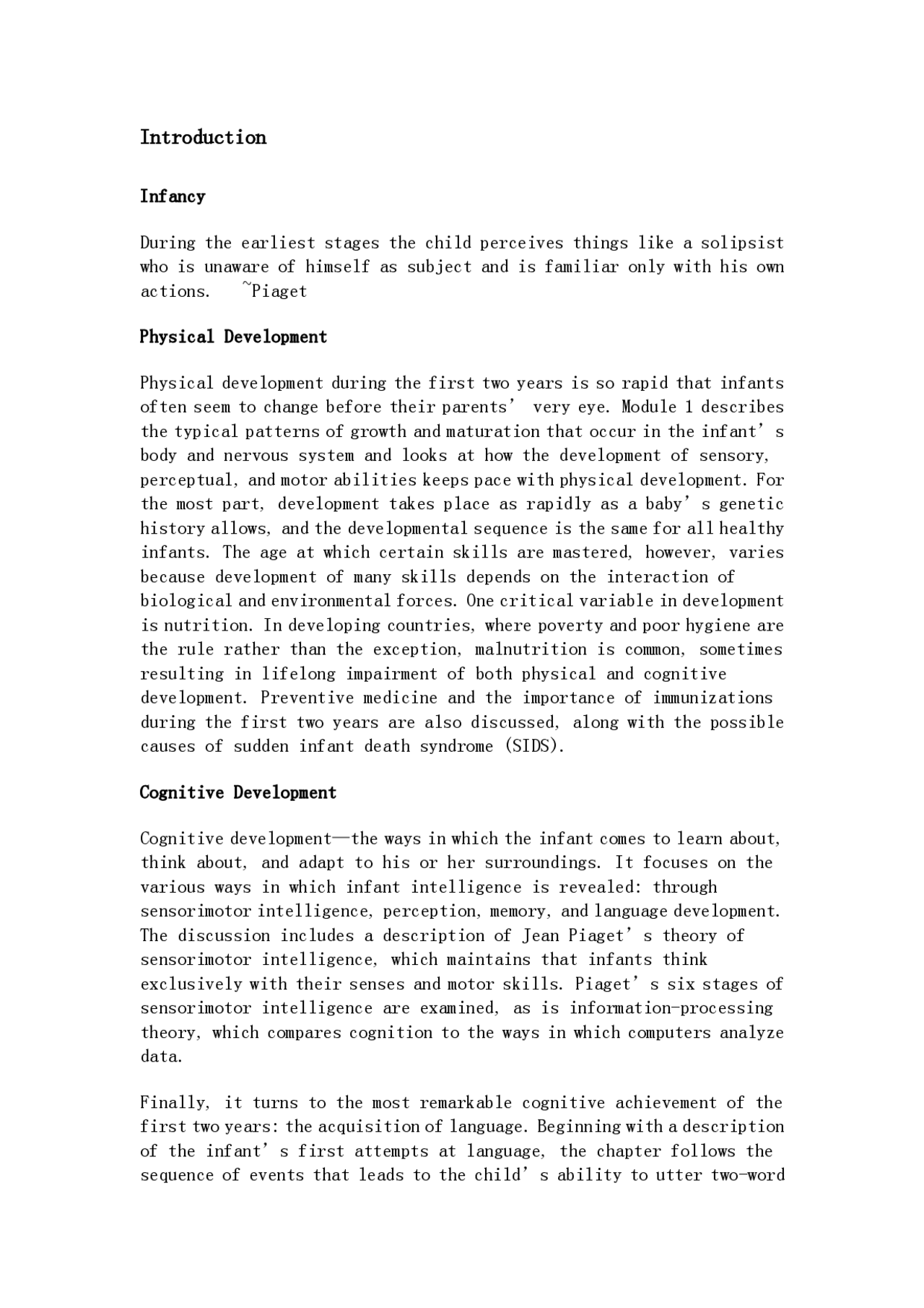 Infancy introduction - Docsity