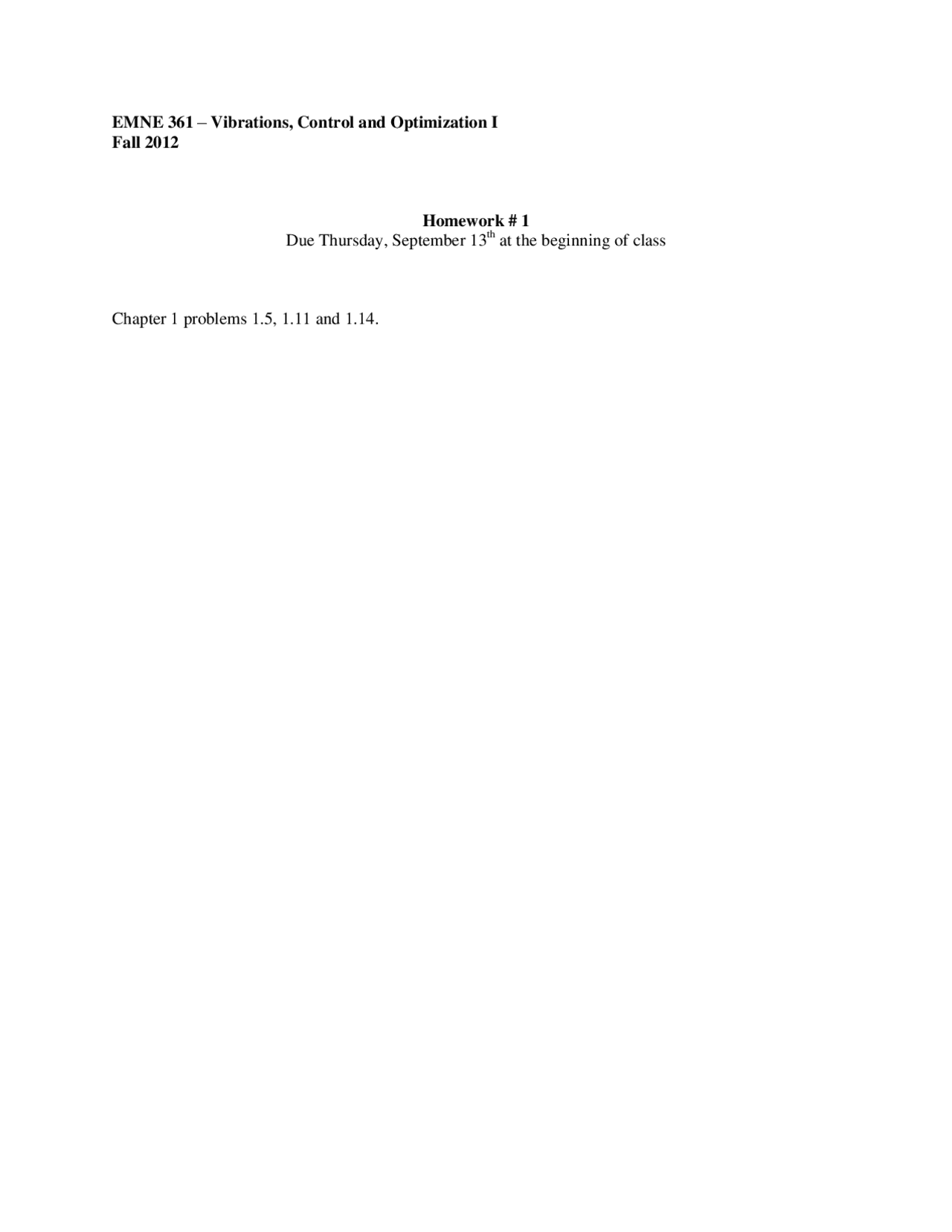 Vibration Controls And Optimization I Homework 1 Enme 361 Docsity