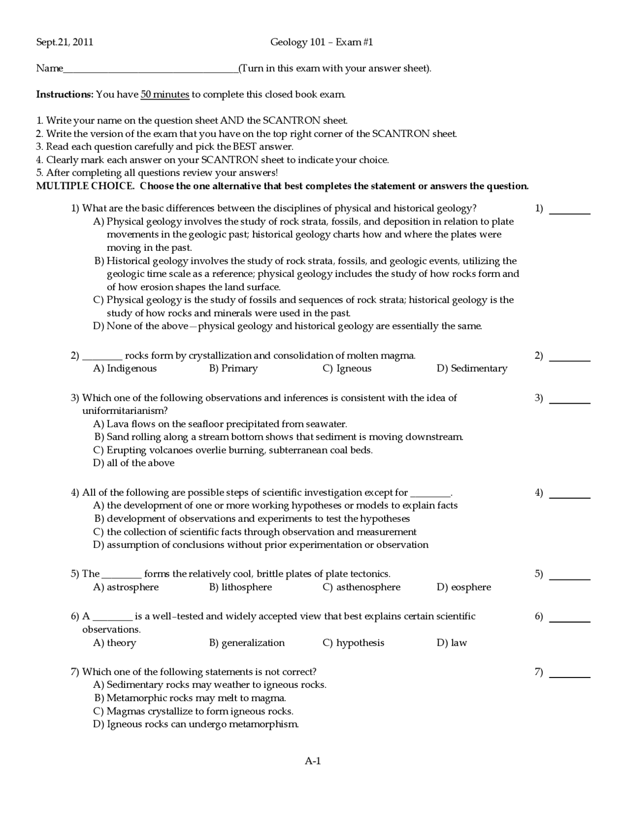 Midterm Exam Questions Physics Geology Geol 101 Docsity