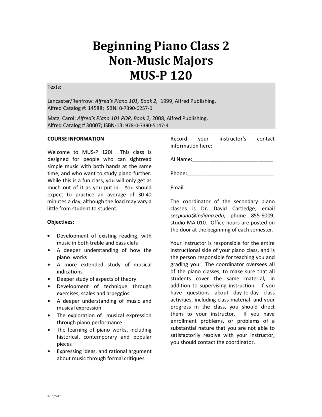 Beginning Piano Class 2 Non Music Majors Mus Docsity