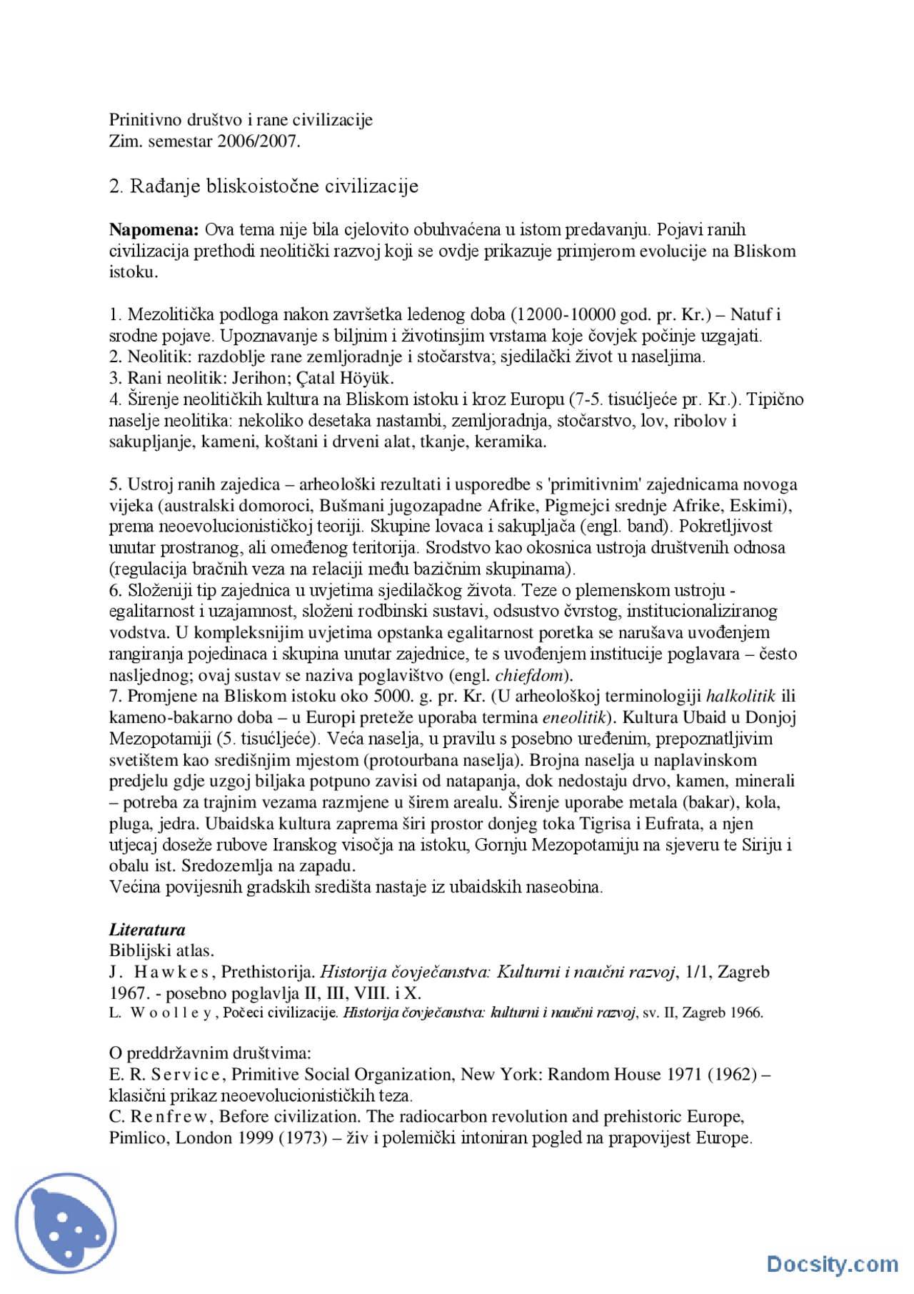 Radjanje bliskoistocne civilizacije-Beleska-Primitivno drustvo i rane ...