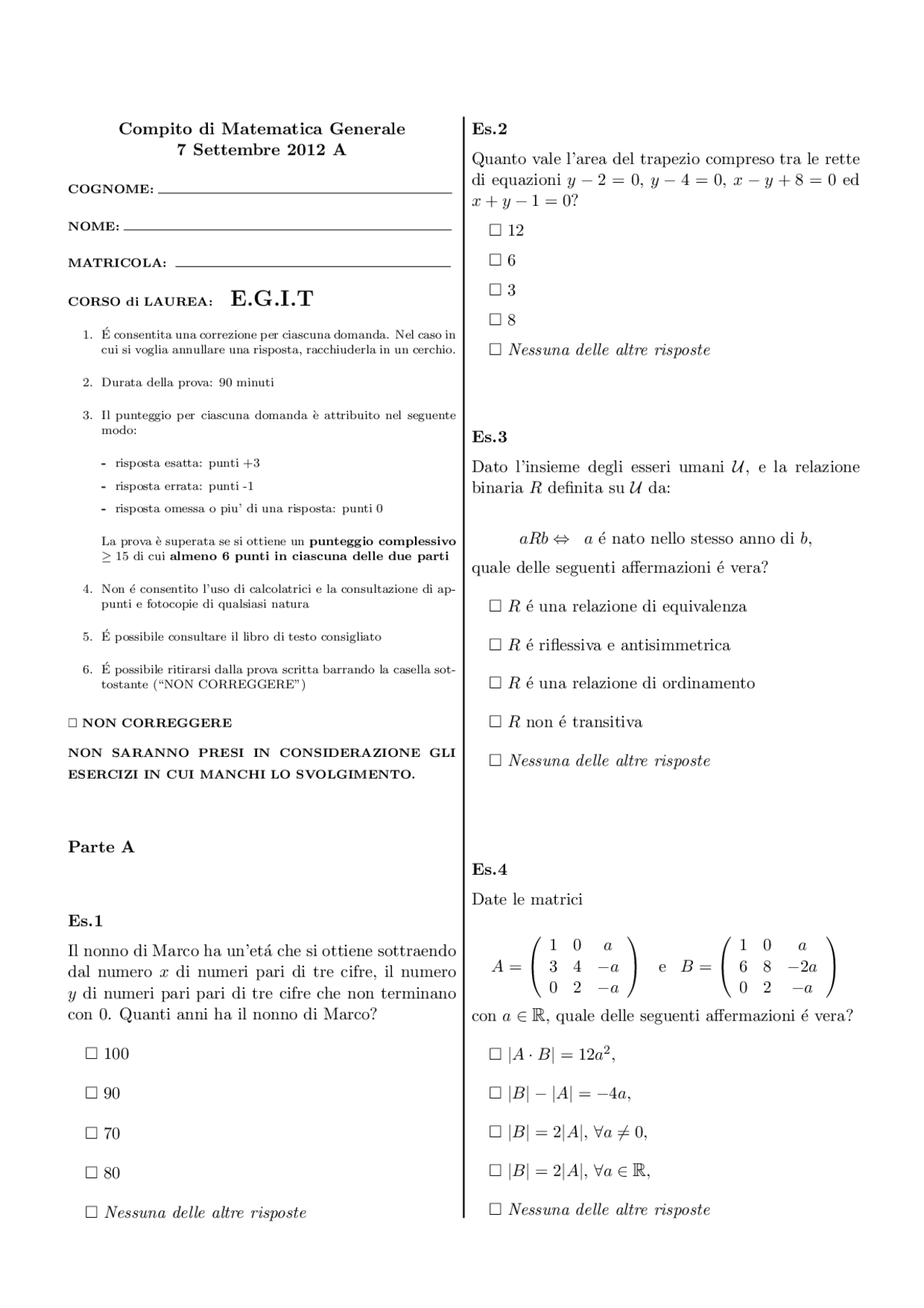 Compito Di Matematica Generale 07 09 2012 Egit A Docsity