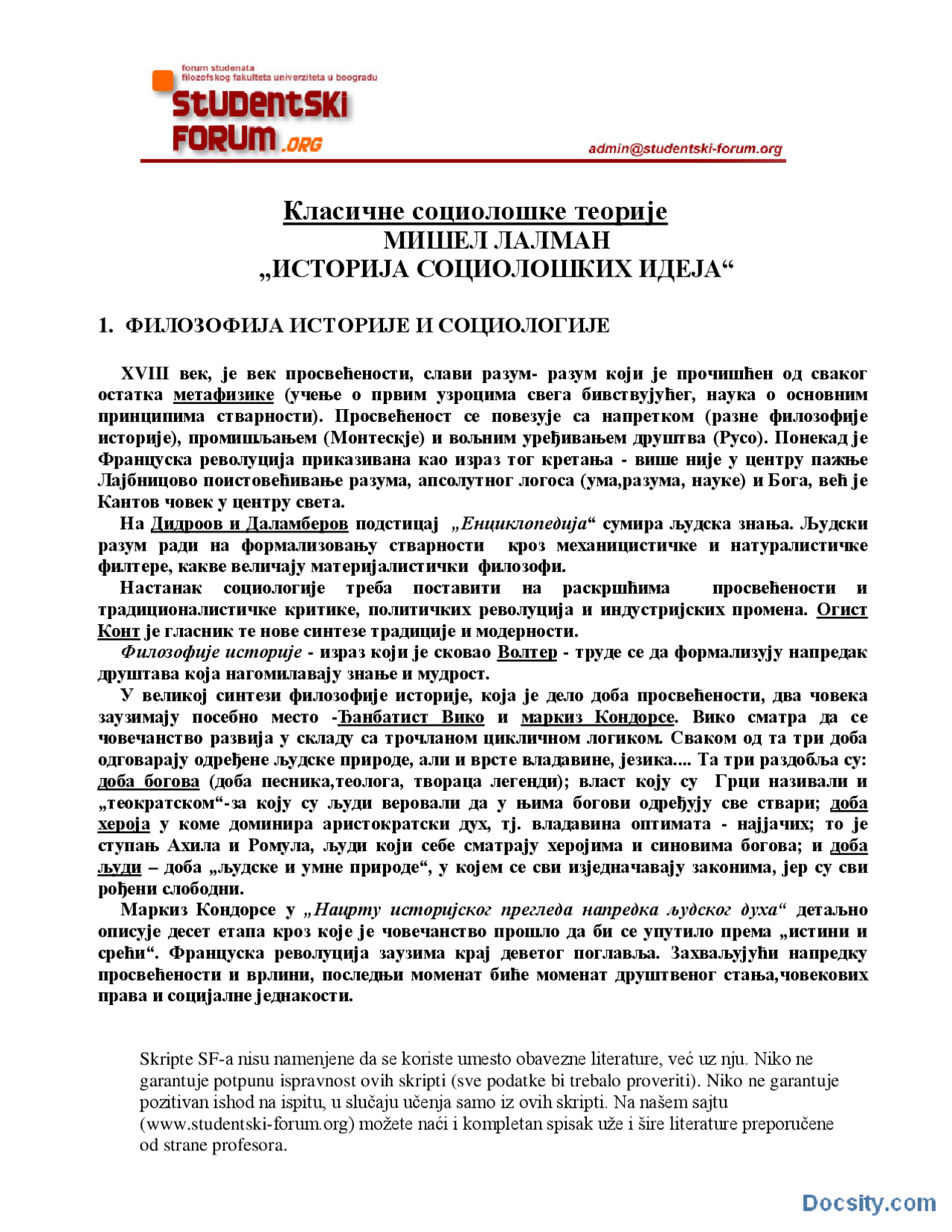 Klasicne socioloske teorije-Skripa-Sociologija | Rezime' predlog Klasične sociološke teorije ...