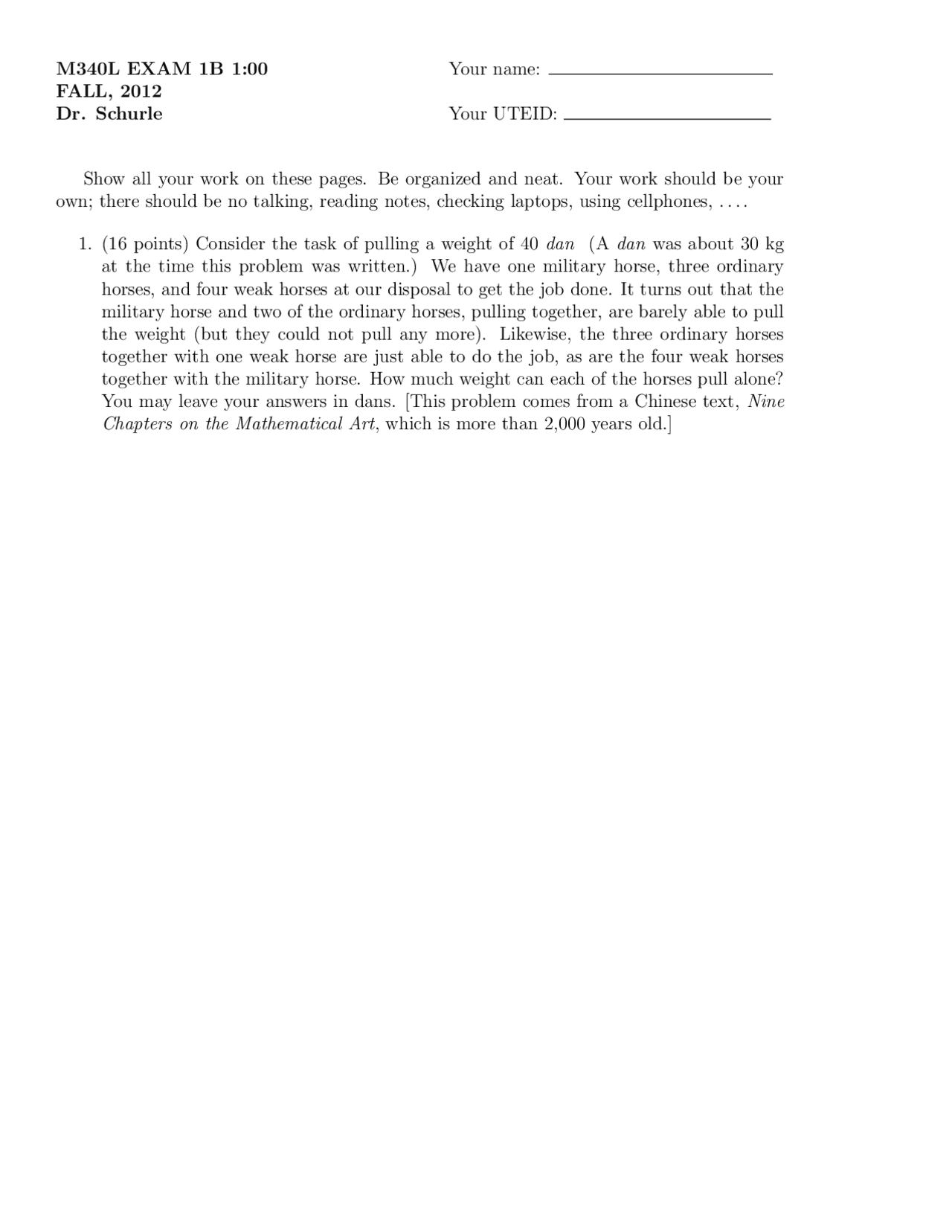 Exam 1b Questions Matrices And Matrix Calculations M 340l Docsity