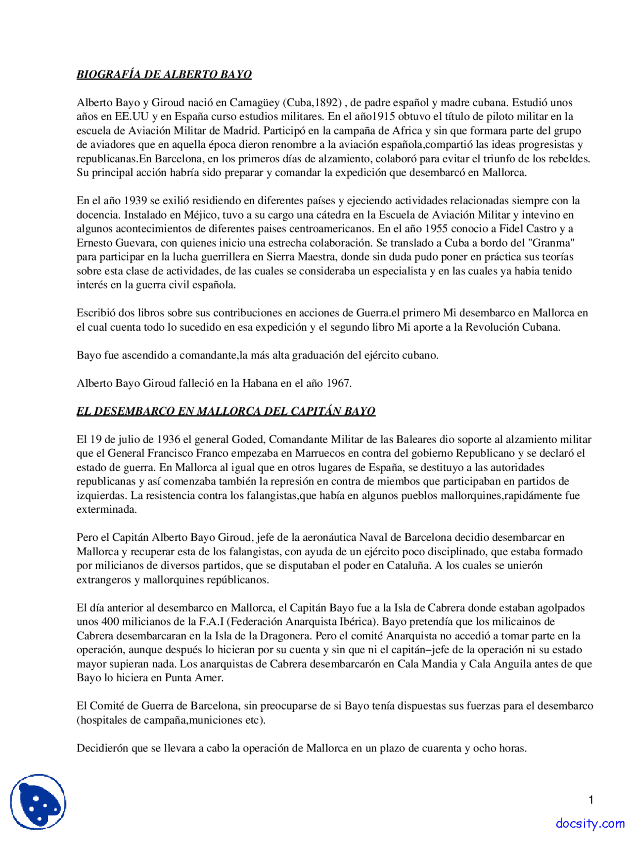 Alberto Bayo - Biografía - Apuntes - Historia Universal - Docsity