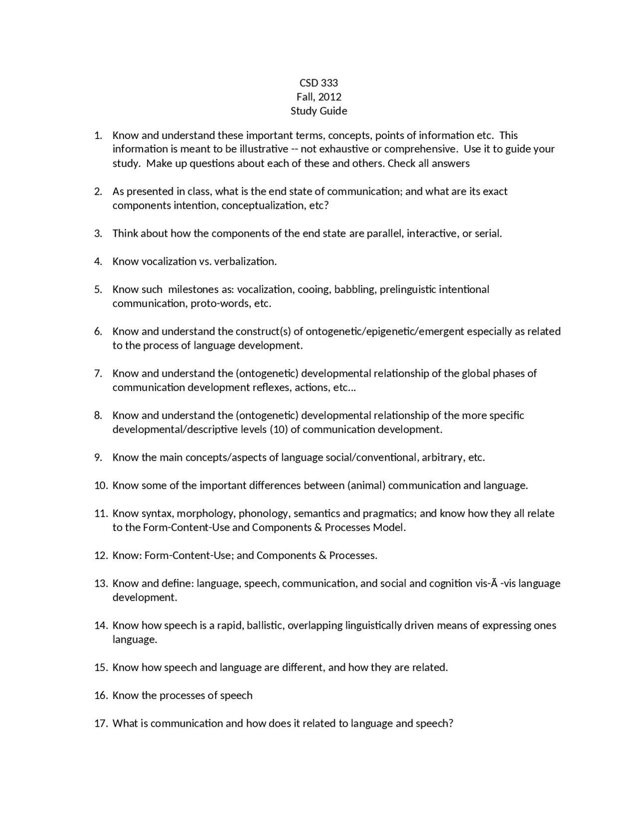 Exam 1 Study Guide - Oral Language Development | CSD 333 - Docsity