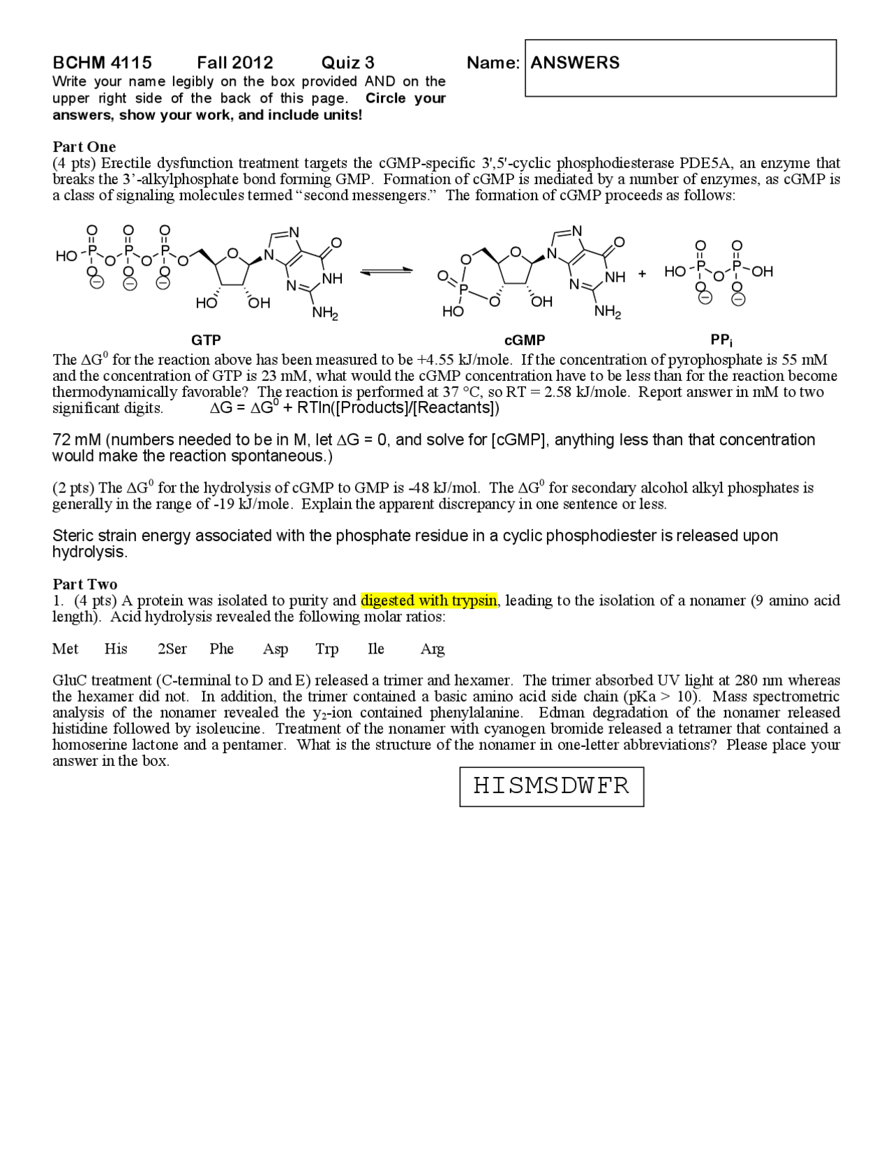 Quiz 3 For General Biochemistry Fall 2012 Bchm 4115 Docsity