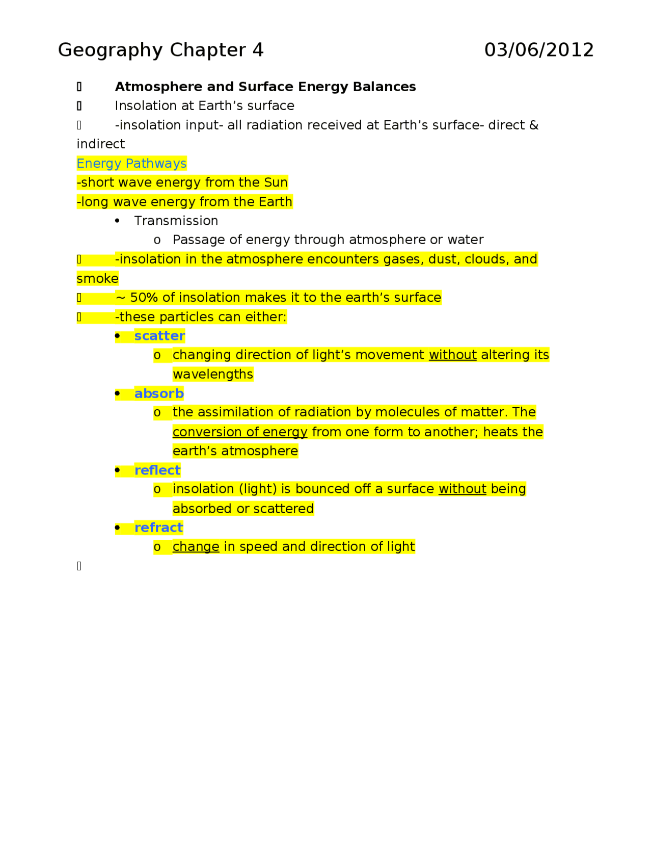 Notes On Atmosphere And Surface Energy Balances Geog 2050 Docsity