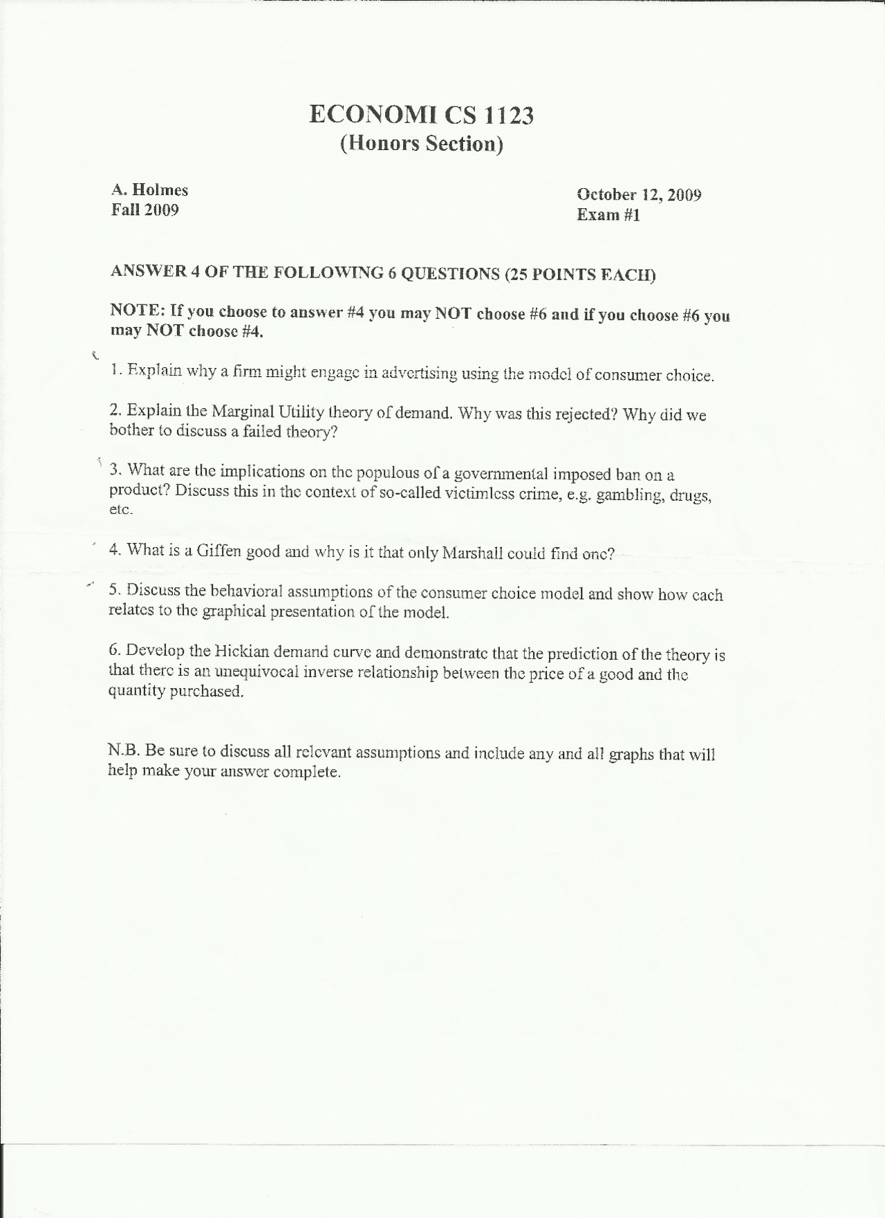 Principles of Microeconomics - Exam 1 - Fall 2009 | ECON 1123 - Docsity